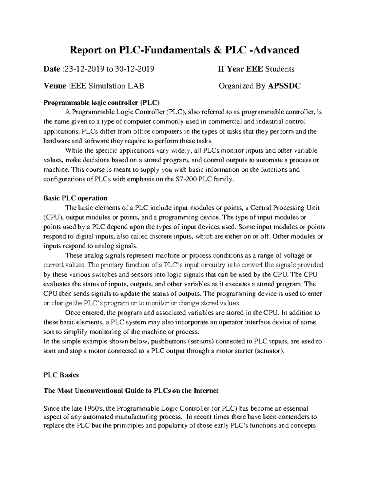 Single Page Report on PLC -I & II Workshop for IInd year - Report on ...