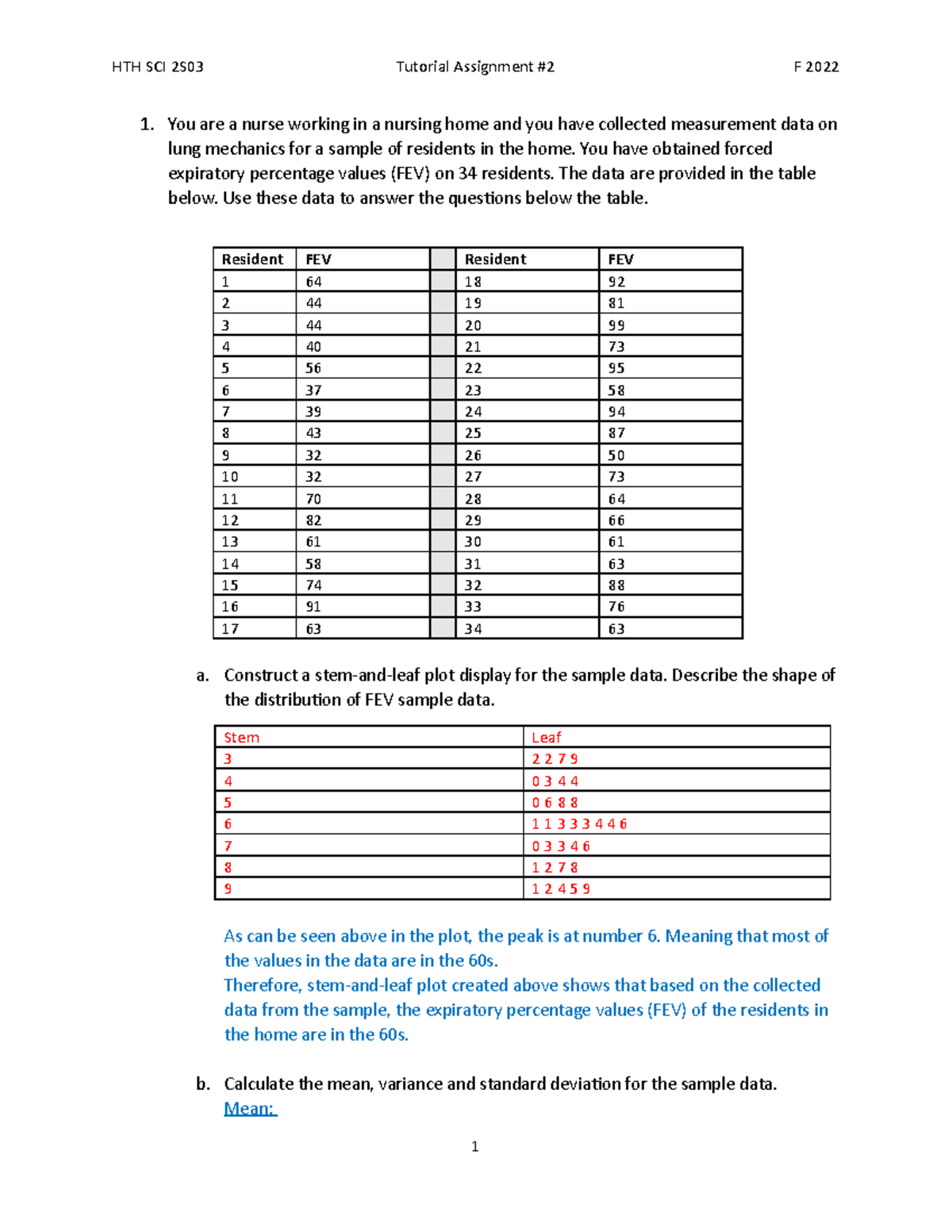 Tutorial Assignment 2 - 1. You are a nurse working in a nursing home and you have collected ...