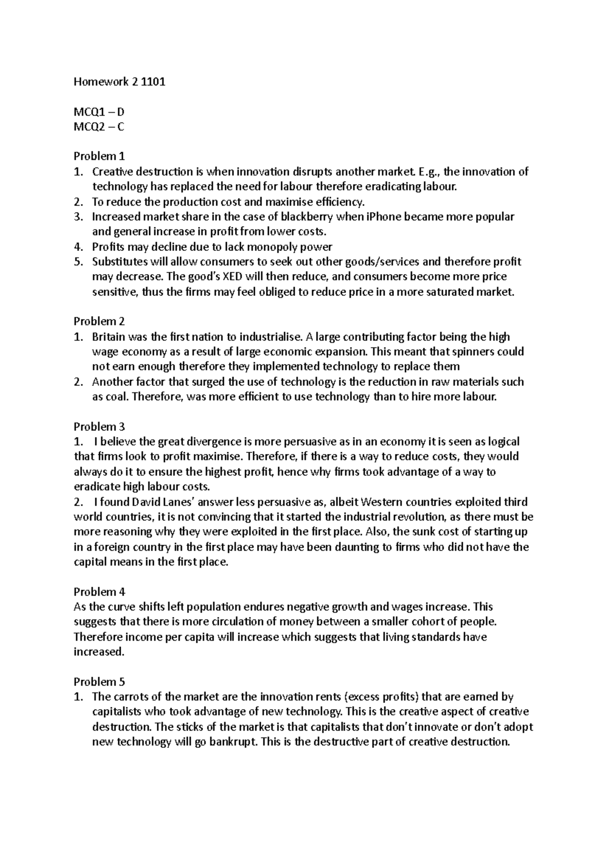 Homework 2 1101 - Homework 2 1101 MCQ1 – D MCQ2 – C Problem 1 Creative ...
