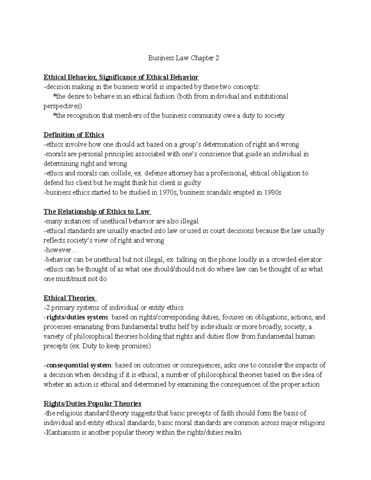 BLAW Ch. 2 Notes - Business Law Chapter 2 Ethical Behavior ...