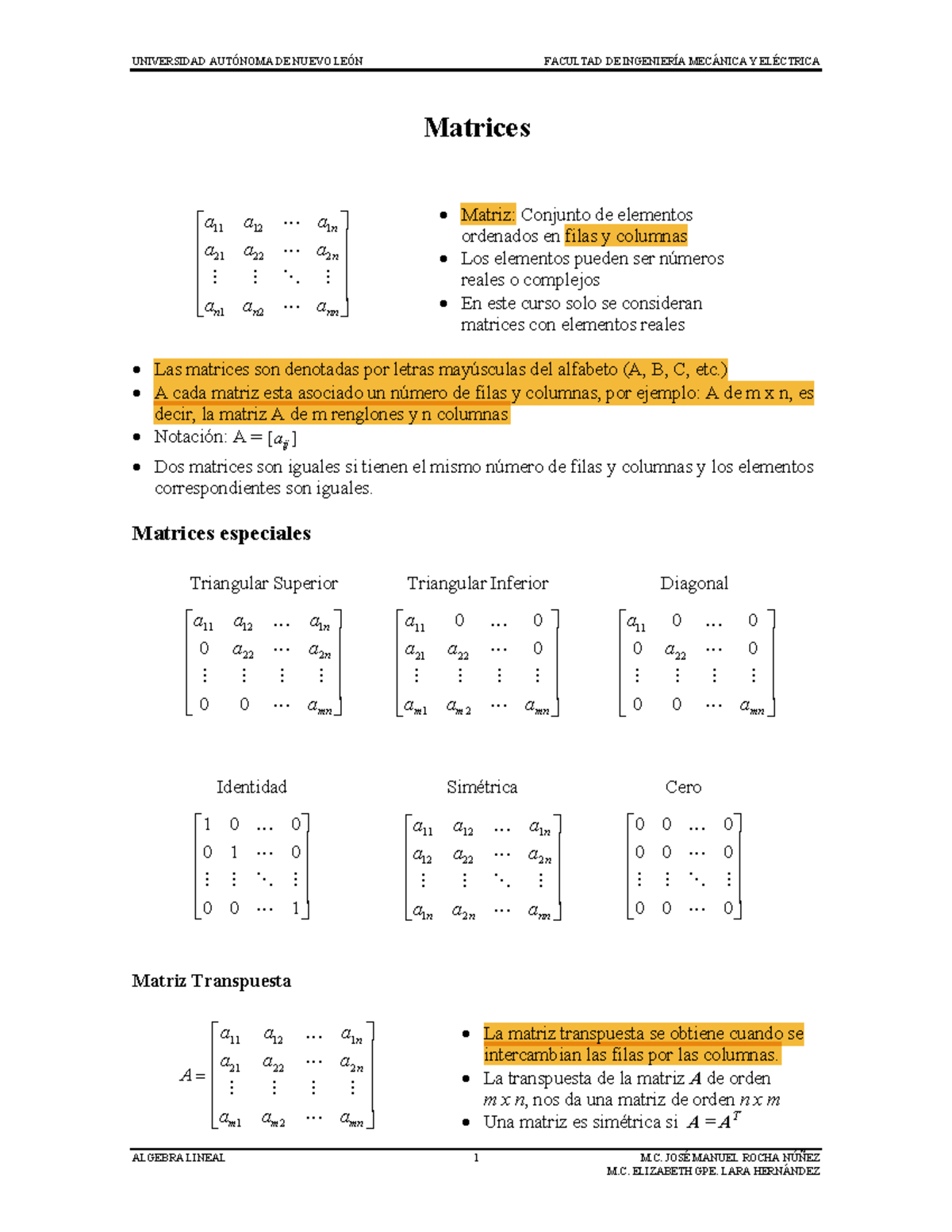 Tema 1 Matrices y vectores - Matrices • Matriz: Conjunto de elementos ...
