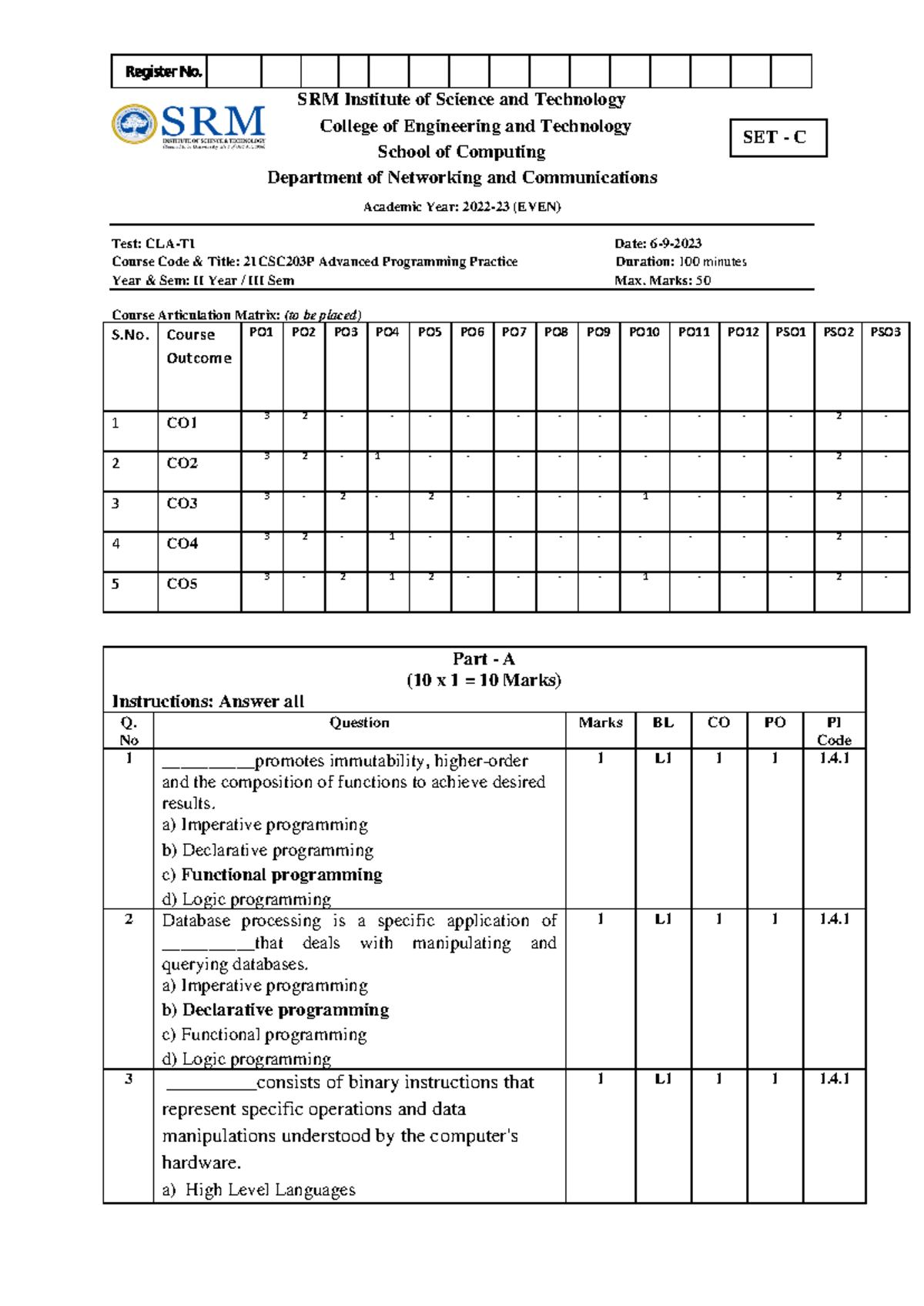 App Set C Ans App Ct 1 Set C Answers Register No Srm Institute Of Science And Technology