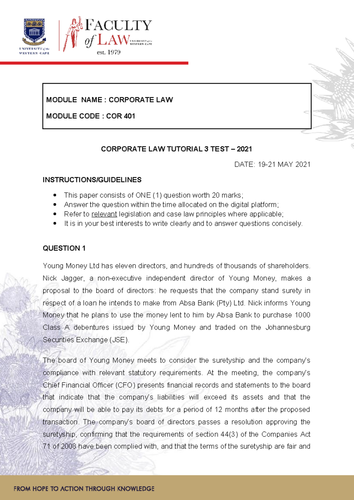 COR401 tutorial 3 2021 - MODULE NAME : CORPORATE LAW MODULE CODE : COR ...