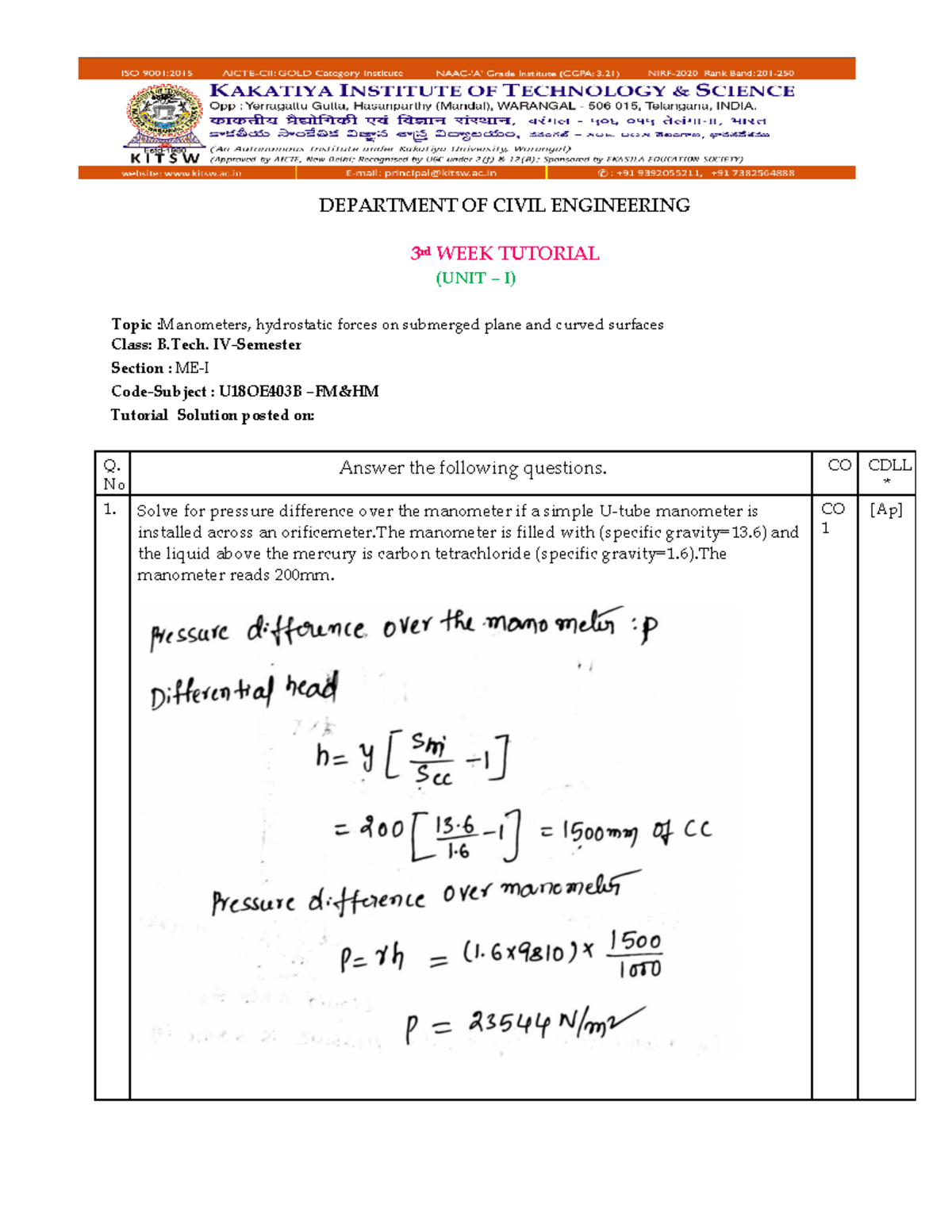 FM W3 Tutorial Sol - Notes - DEPARTMENT OF CIVIL ENGINEERING 3 rd WEEK ...