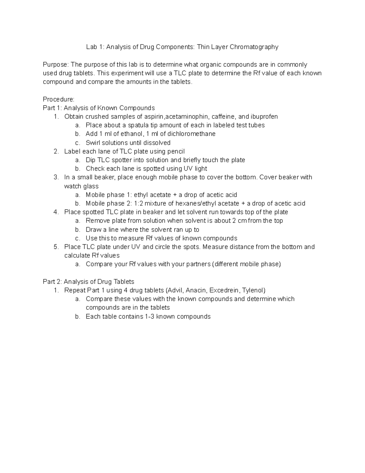 Chem 269 Lab 1 TLC - Chem 269 Lab 1; TLC - Lab 1: Analysis of Drug ...