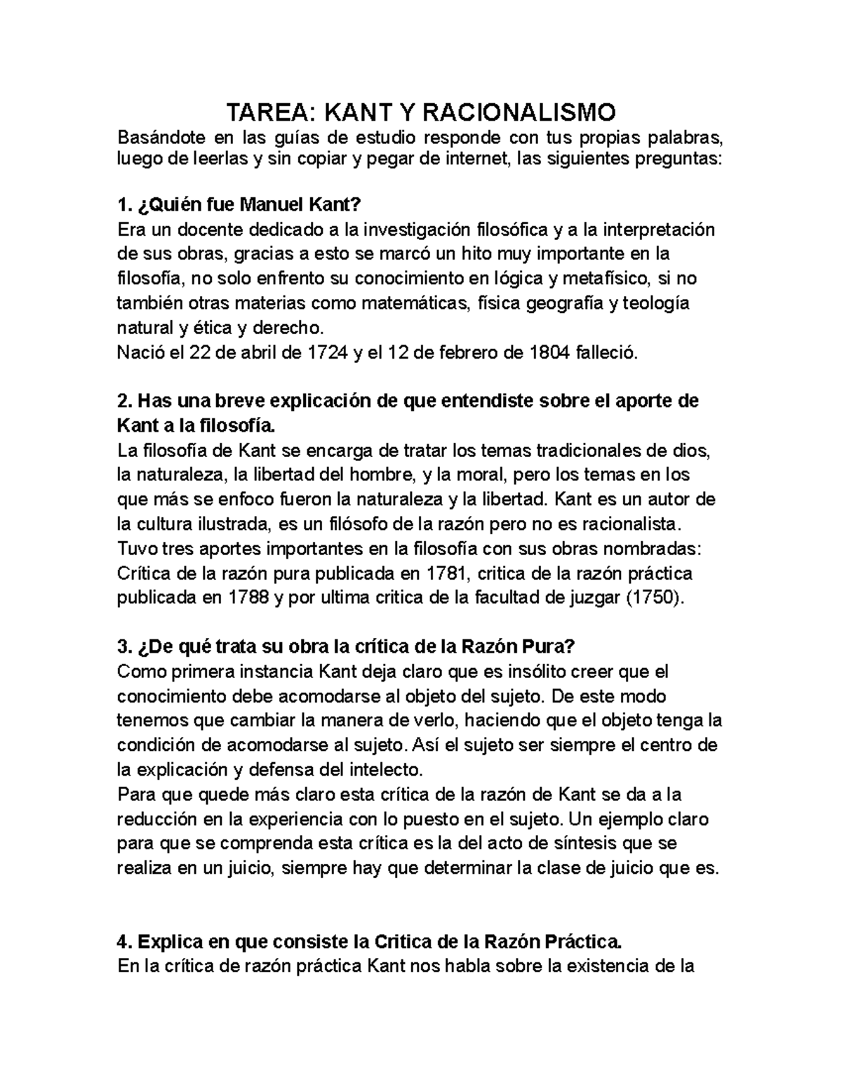 4. Tarea - Kant y Racionalismo - TAREA: KANT Y RACIONALISMO Basándote ...