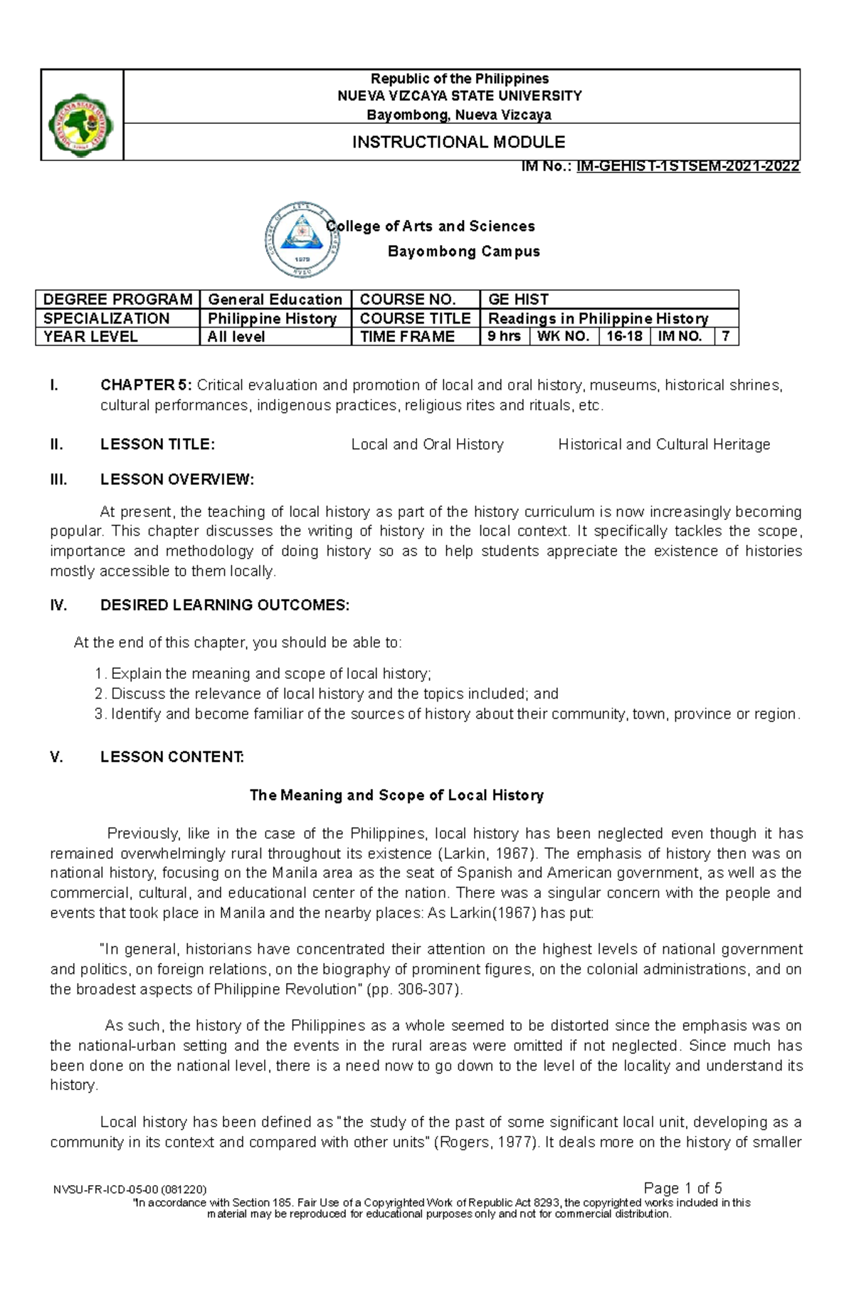 Module 7 Local history - IM No.: IM-GEHIST-1STSEM-2021- College of Arts ...