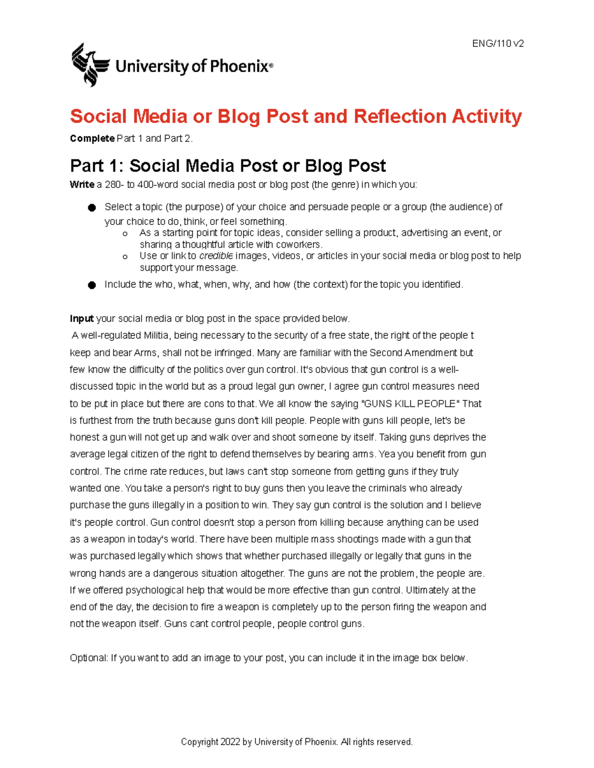 Eng110 week 3 - Week 3 - ENG/110 v Social Media or Blog Post and ...