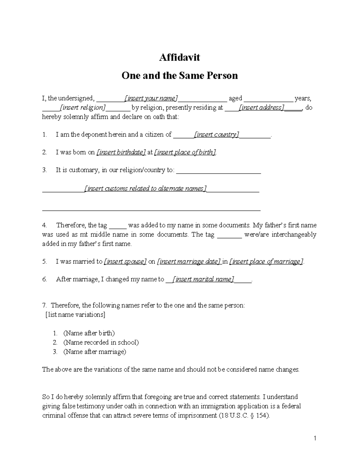 Affidavit For Same Person with Different Names - Affidavit One and the ...