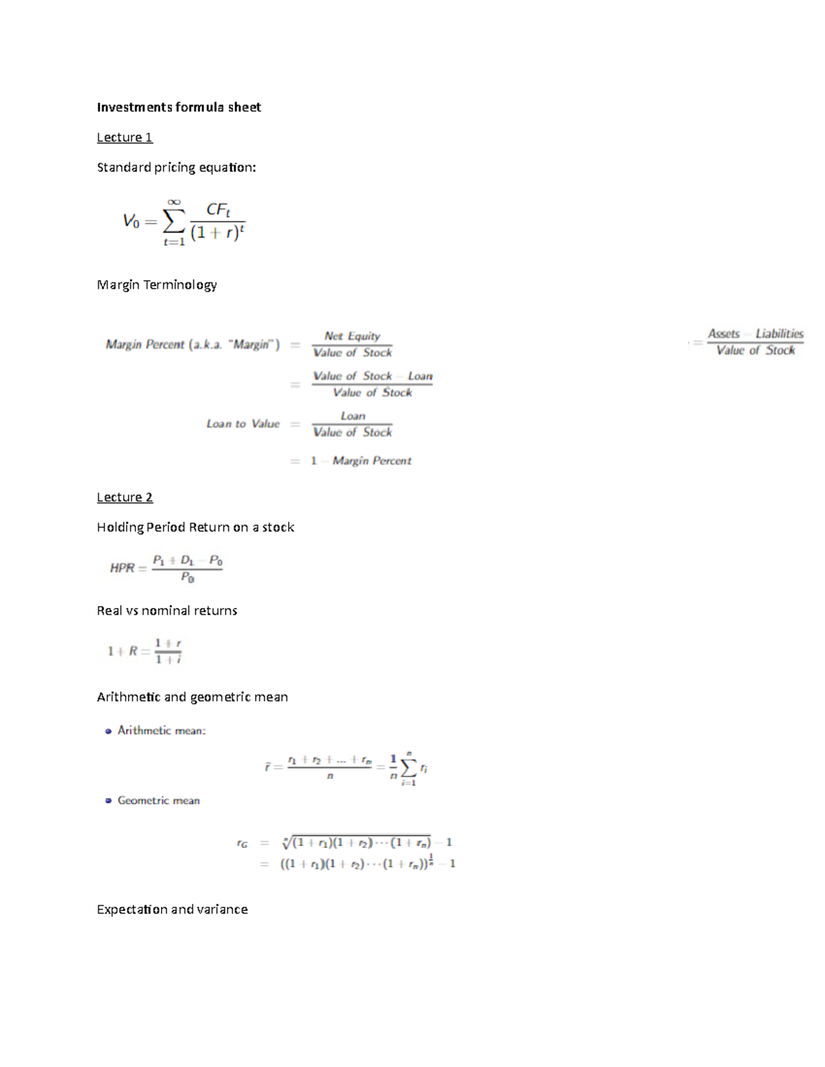 Investments formula sheet - Investments formula sheet Lecture 1 ...
