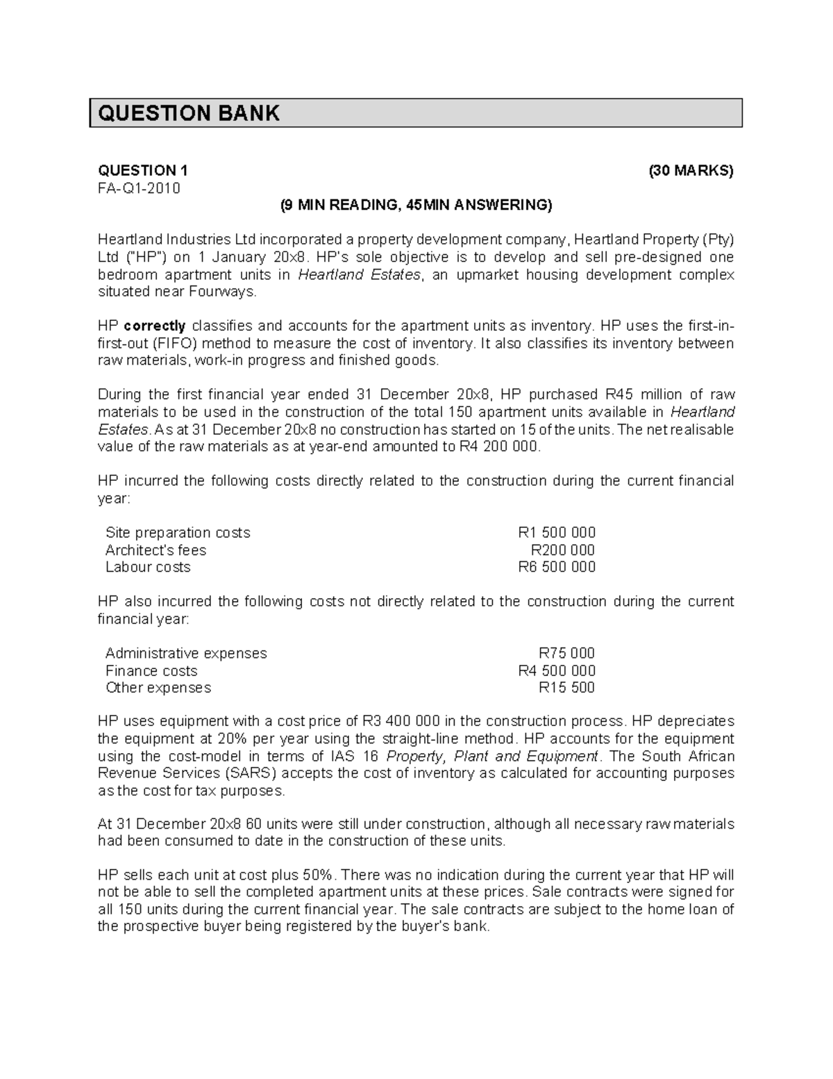 IAS 2 Question Bank - ias 2 - QUESTION BANK QUESTION 1 (30 MARKS) FA-Q1 ...