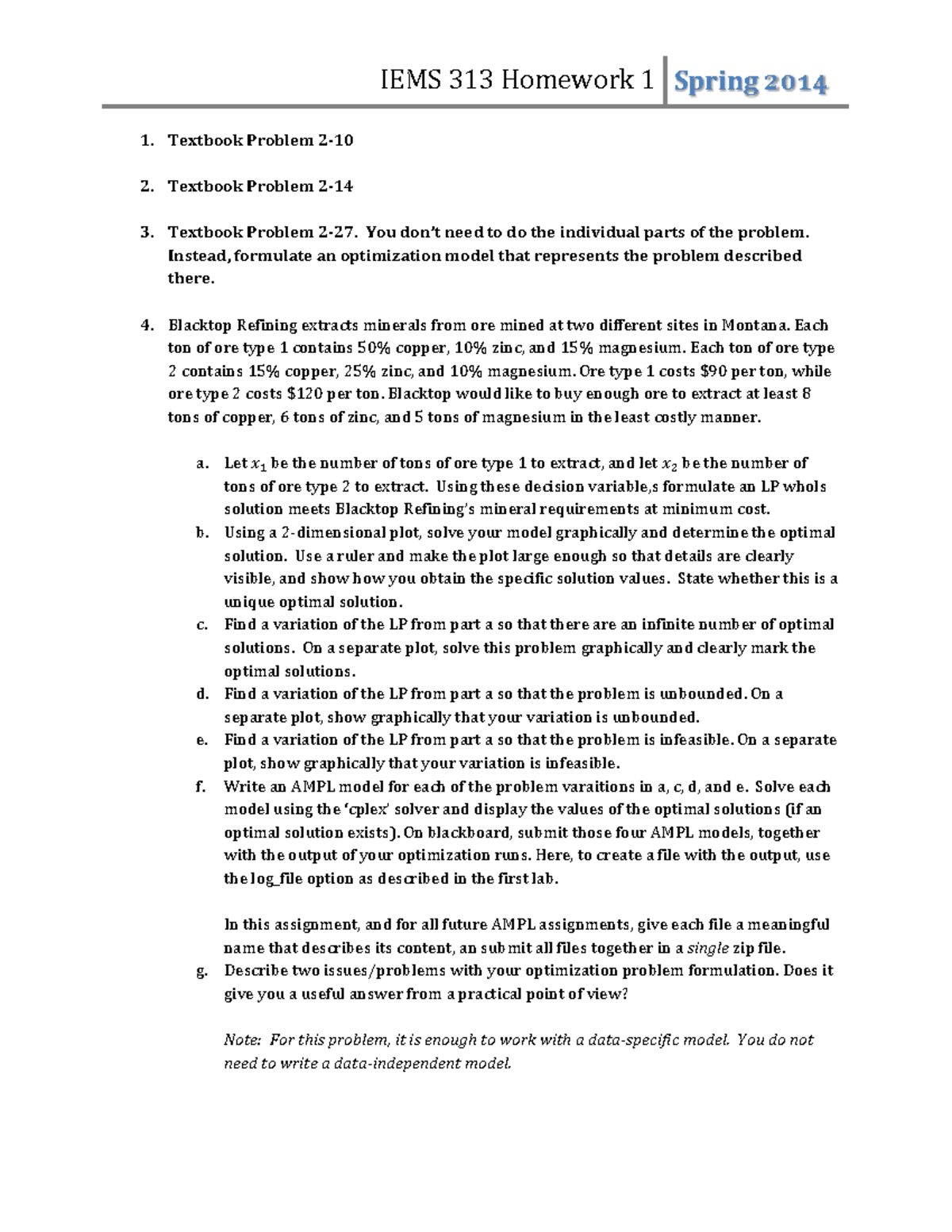 Homework 2 Deterministic Models And Optimization Iems 313 Homework 1 Spring 2014 Textbook 