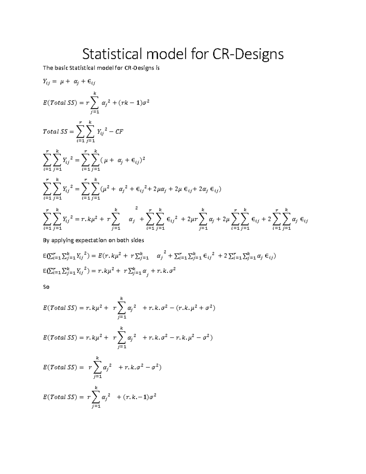 Statistical Models For CRD And RCBD Statistical Model For CR Designs