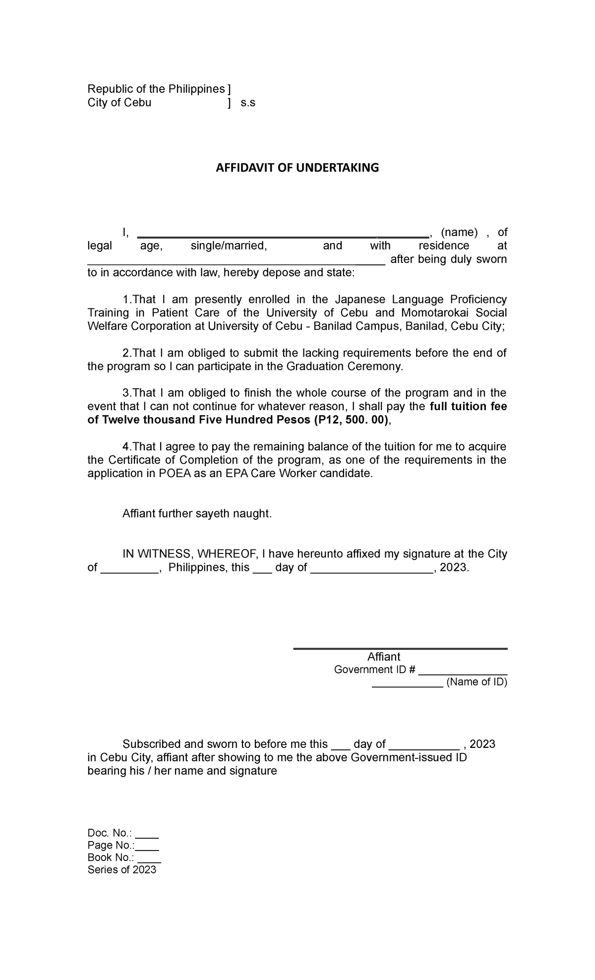 Undertaking-to-Pay - Undertaking to Pay - Republic of the Philippines ...