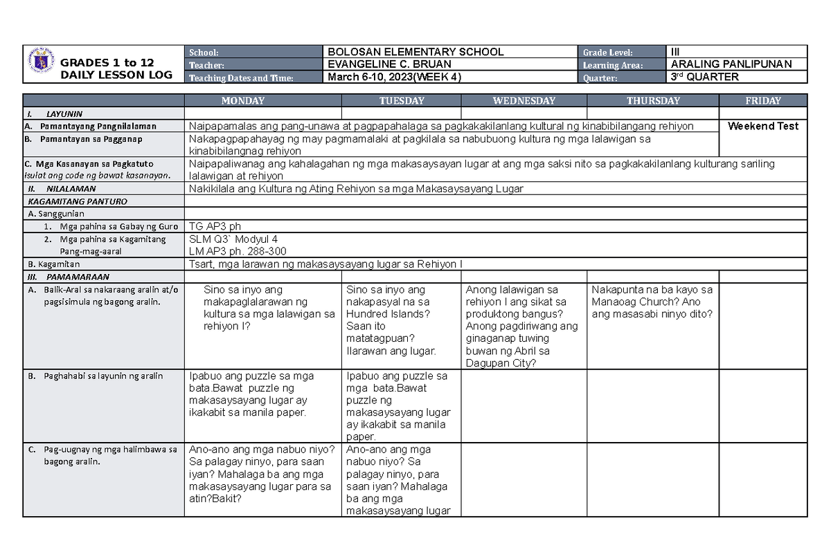 DLL Araling- Panlipunan-3 Q3 W4 - GRADES 1 to 12 DAILY LESSON LOG School: BOLOSAN ELEMENTARY ...