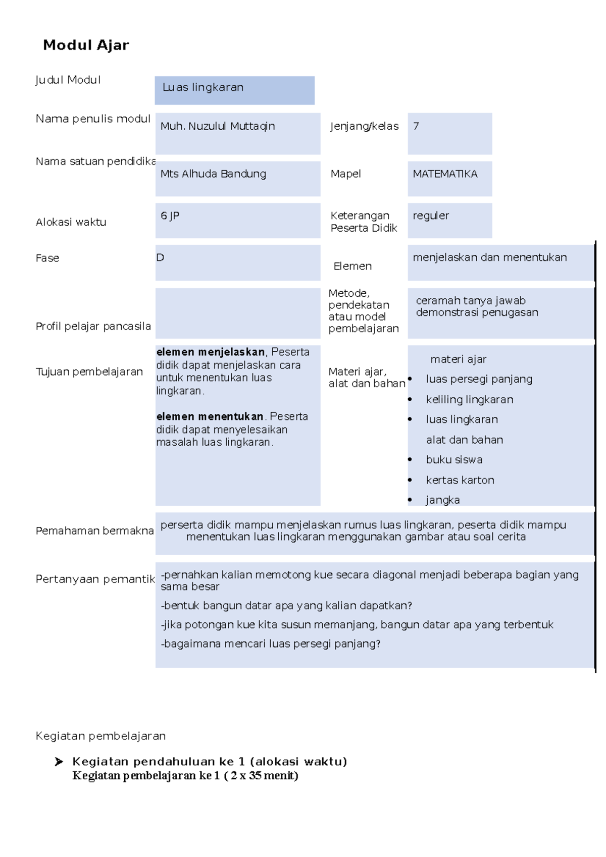Lembar Kerja Modul Ajar - Judul Modul Nama penulis modul Nama satuan ...