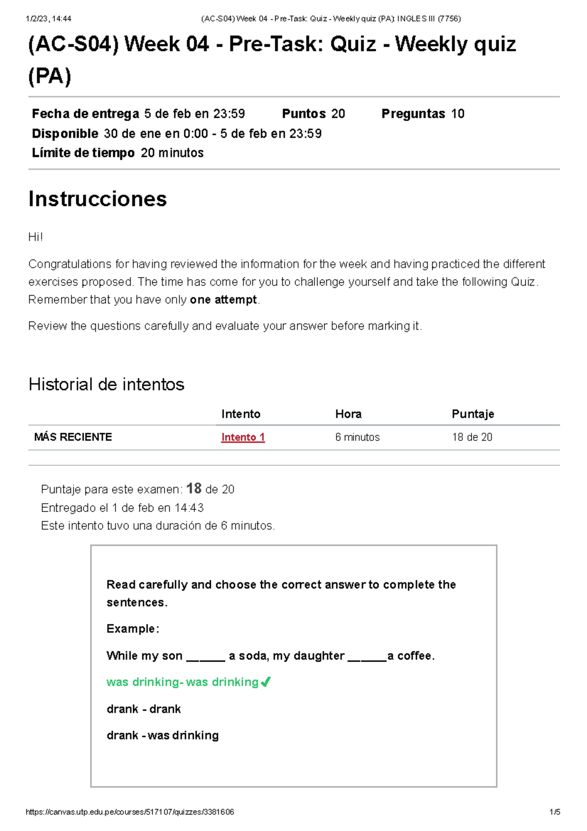 (AC-S04) Week 04 - Pre-Task Quiz - Weekly quiz (PA) Ingles III (7756) - (AC-S04) Week 04 - Pre ...