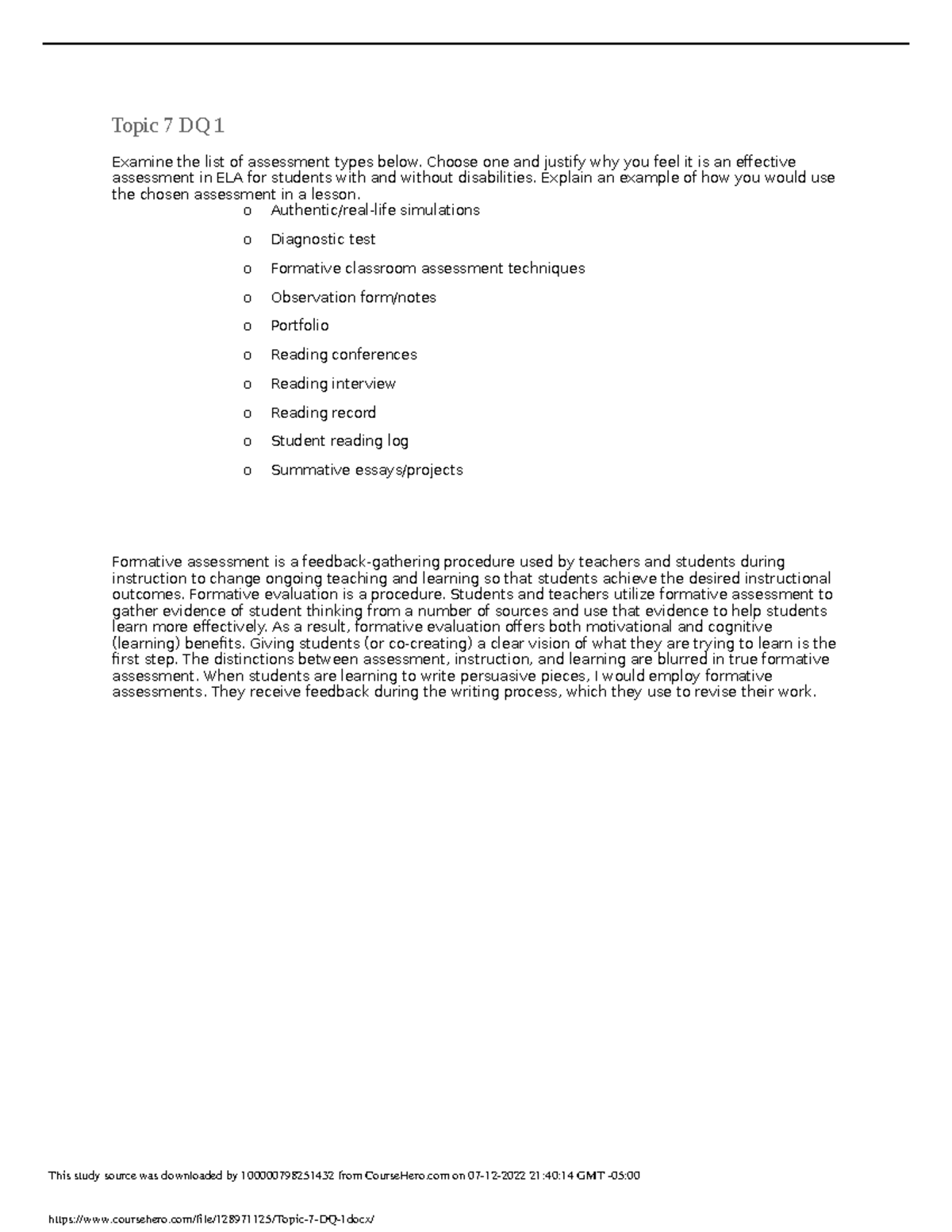 Topic 7 DQ 1 - DISCUSSION 7 - Topic 7 DQ 1 Examine the list of ...