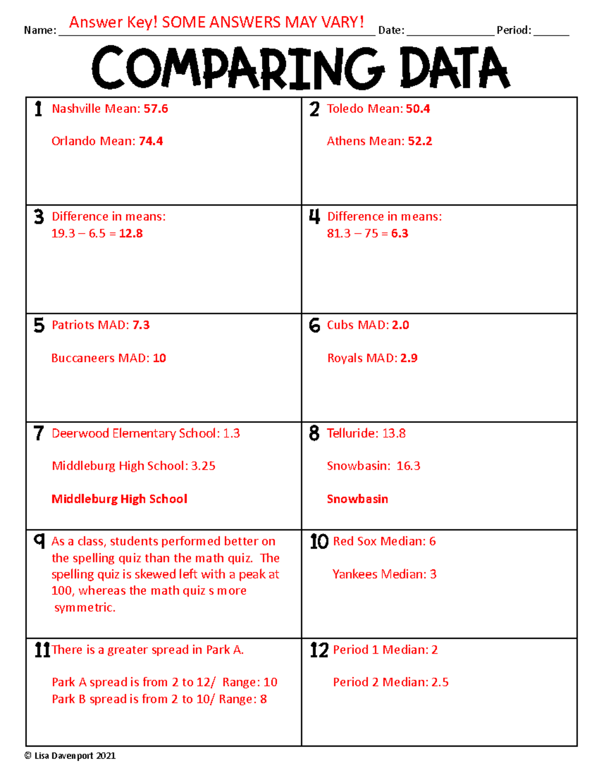 Comparing Data Task Cards Answer KEY - 1 2 3 4 5 6 7 8 9 10 11 12 Name ...
