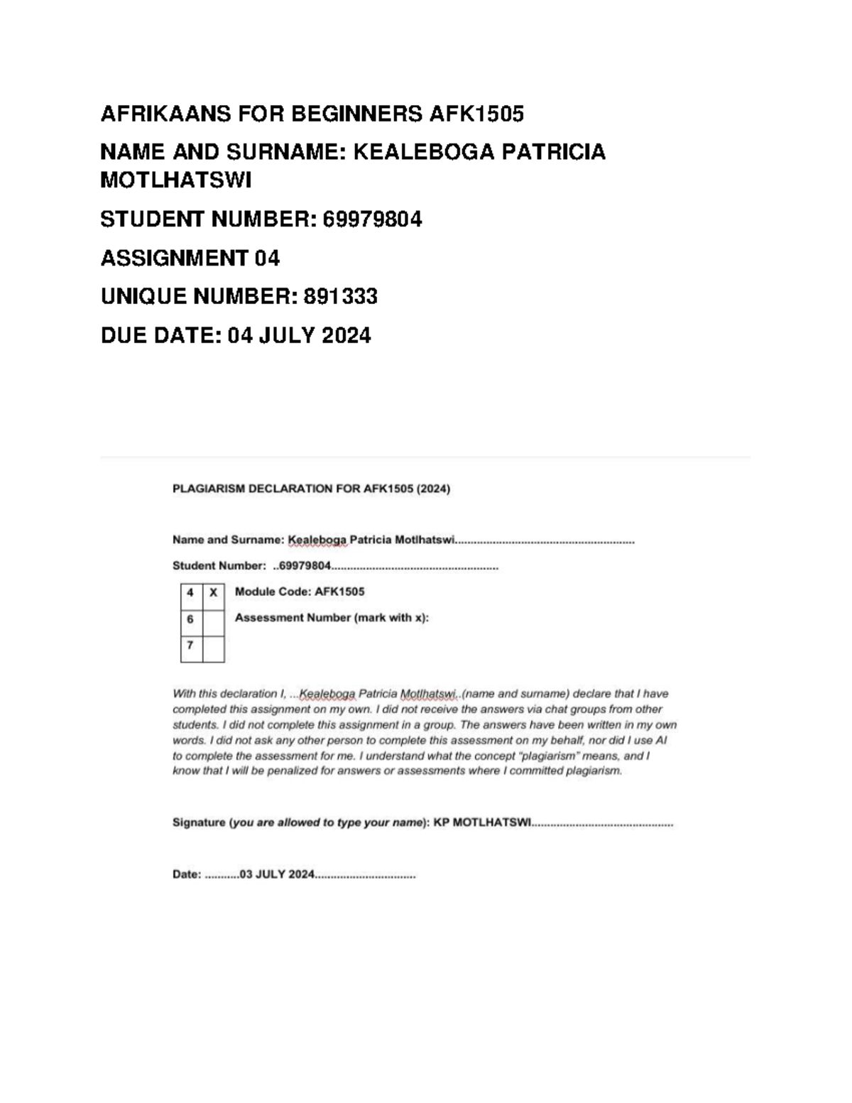 AFK1505 assignment 04 - Word stress- places emphasis on a specific ...