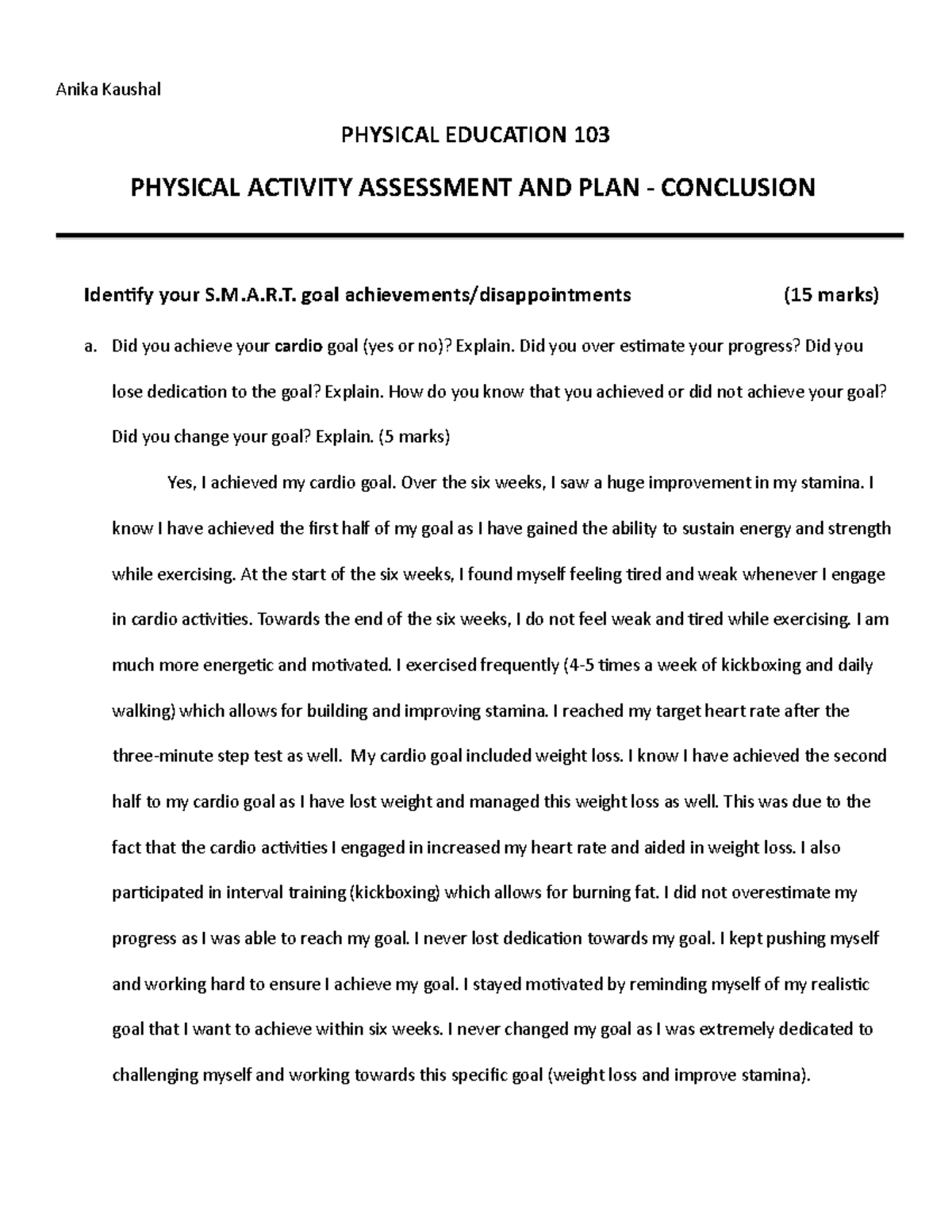 PHYSICAL ACTIVITY ASSESSMENT AND PLAN - CONCLUSION - Anika Kaushal ...