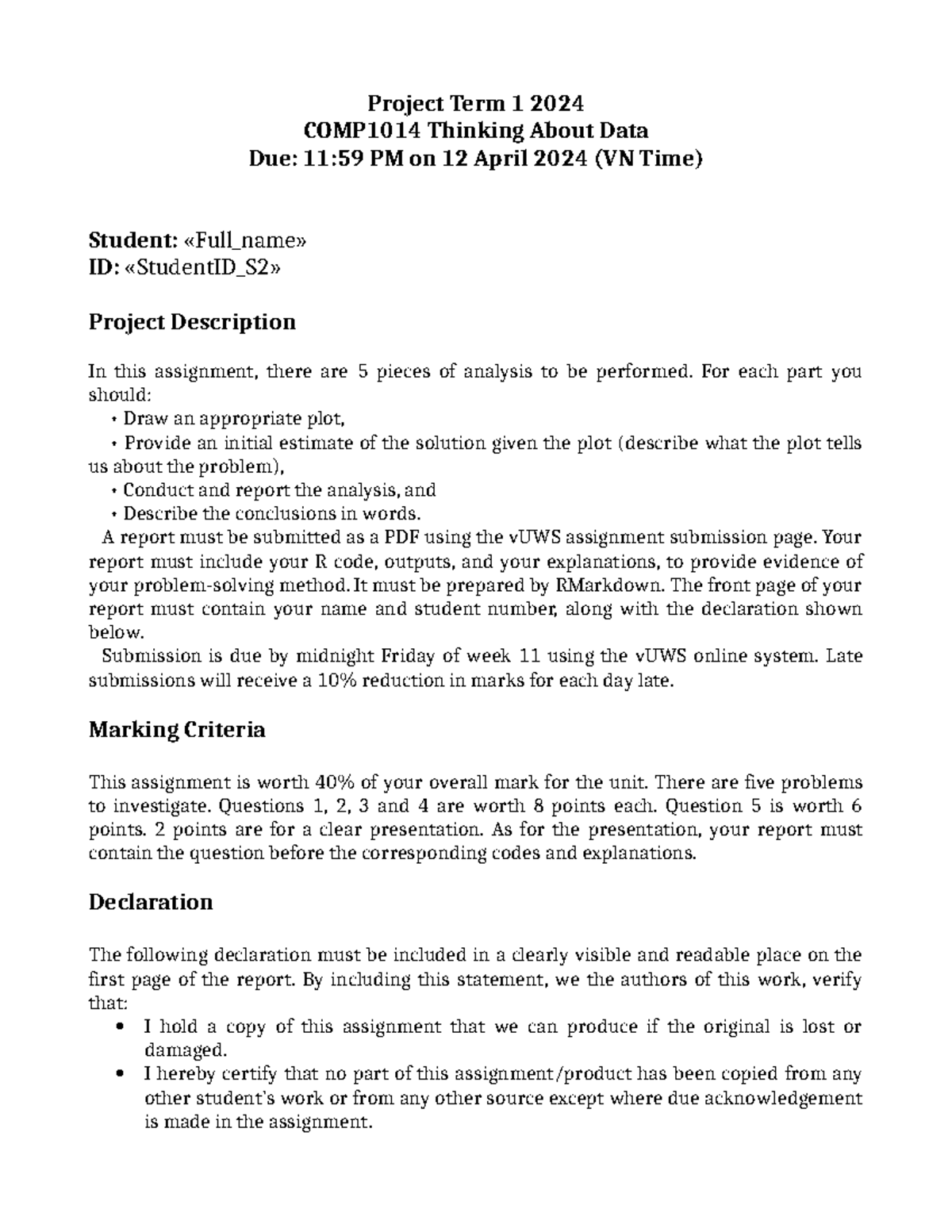 Assignment-2024 - Assignment-guide 2024 - Project Term 1 2024 COMP1014 Thinking About Data Due ...