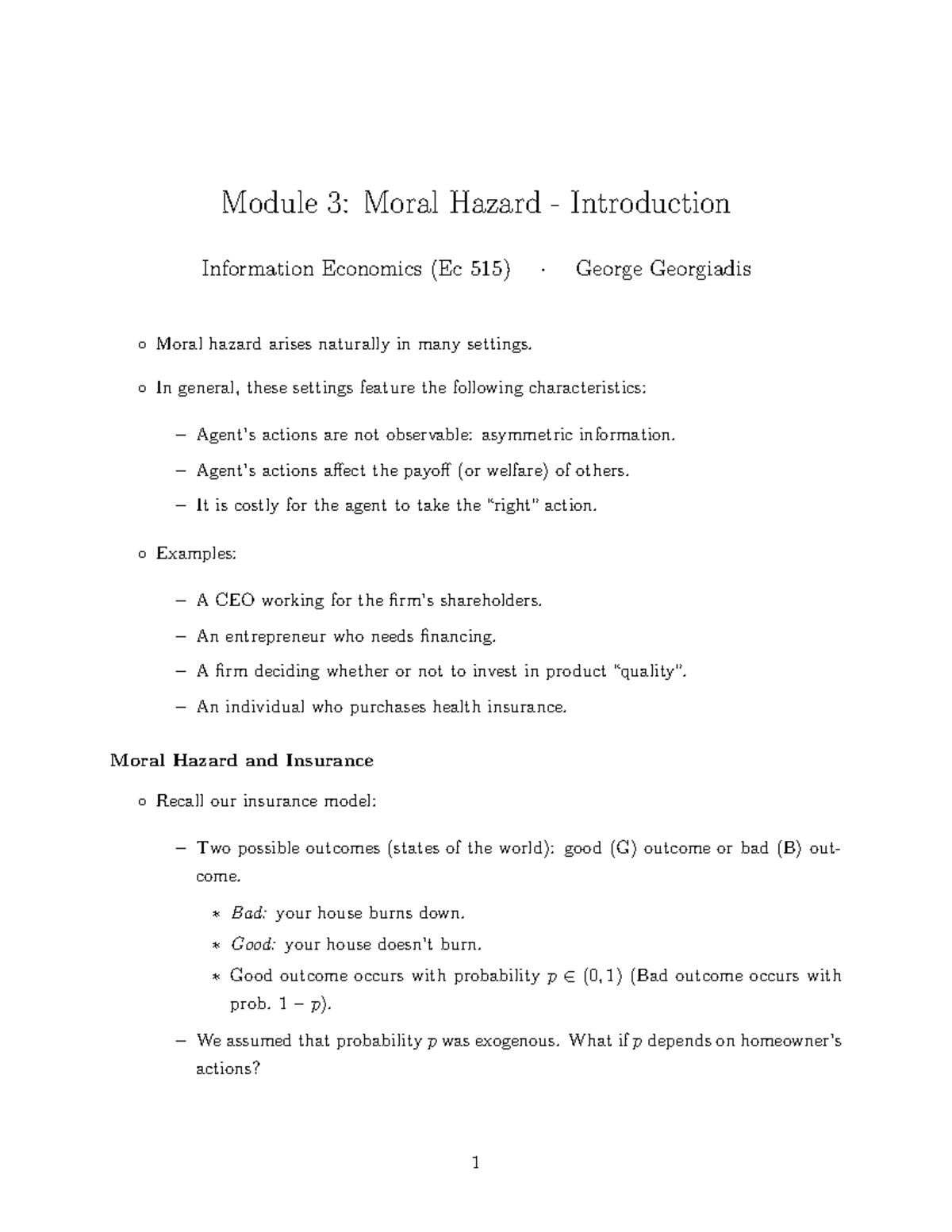 Ec515 Module 3 - Module 3: Moral Hazard Introduction Information ...