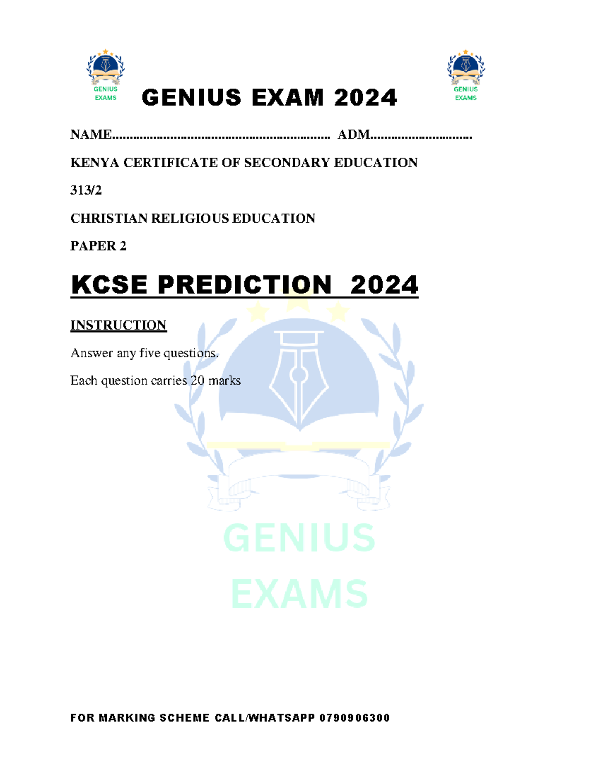 CRE PP2 - High school CRE PP2 EXAM - GENIUS EXAM 2024 FOR MARKING ...