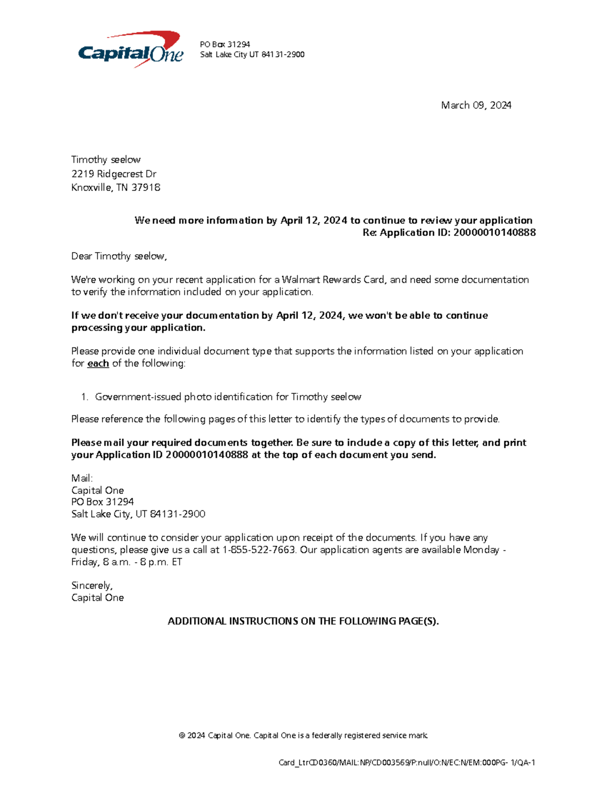 Additional Information Letter - PO Box 31294 Salt Lake City UT 84131 ...