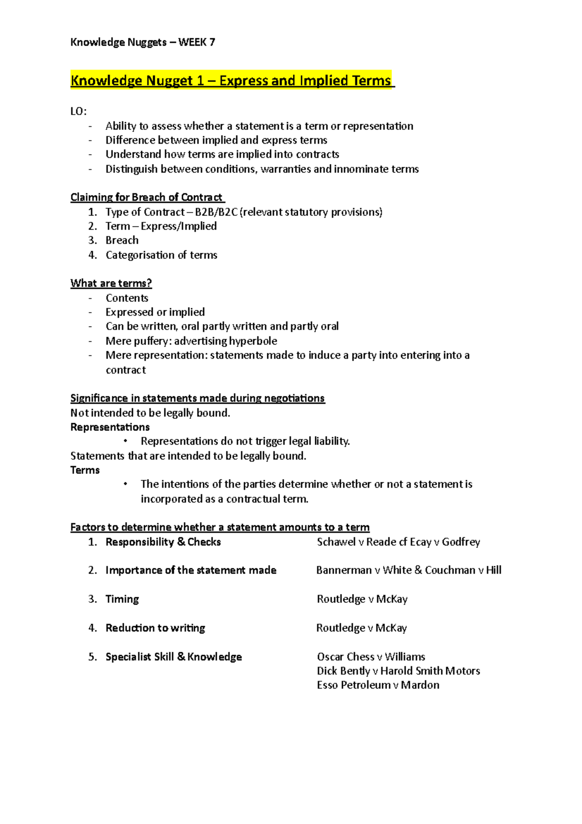 Knowledge Nugget WEEK 7 - Knowledge Nugget 1 – Express and Implied Terms LO: Ability to assess ...