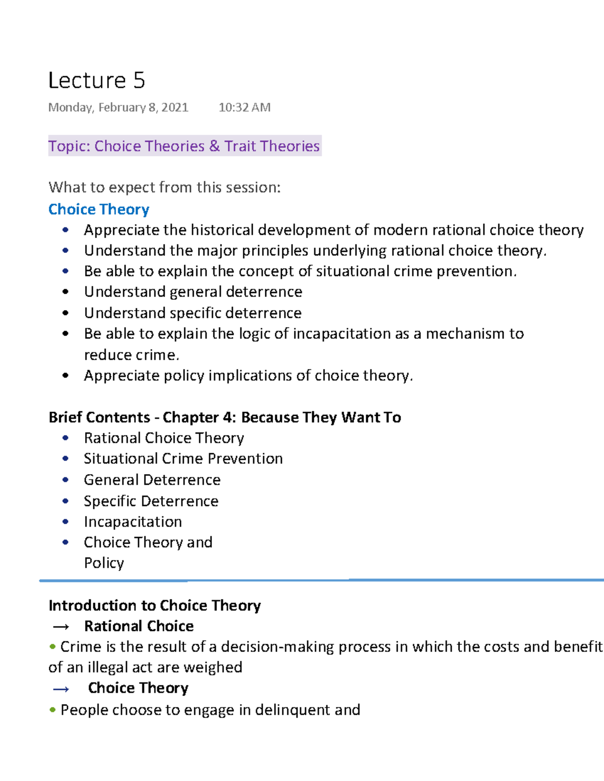 Lecture 5 - Topic: Choice Theories & Trait Theories What to expect from ...