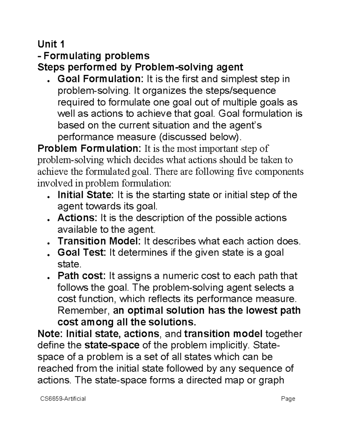 AI UNIT WISE Notes - Unit 1 - Formulating problems Steps performed by ...