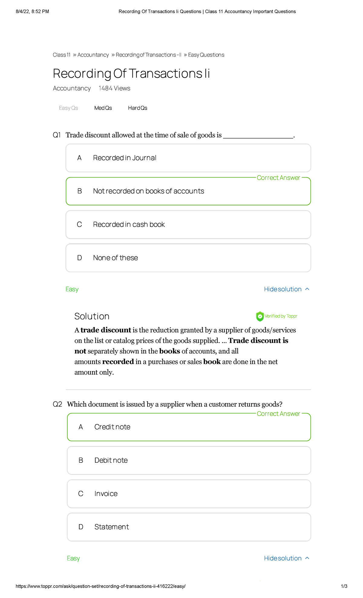 Recording Of Transactions Ii Questions Class 11 Accountancy Easy ...