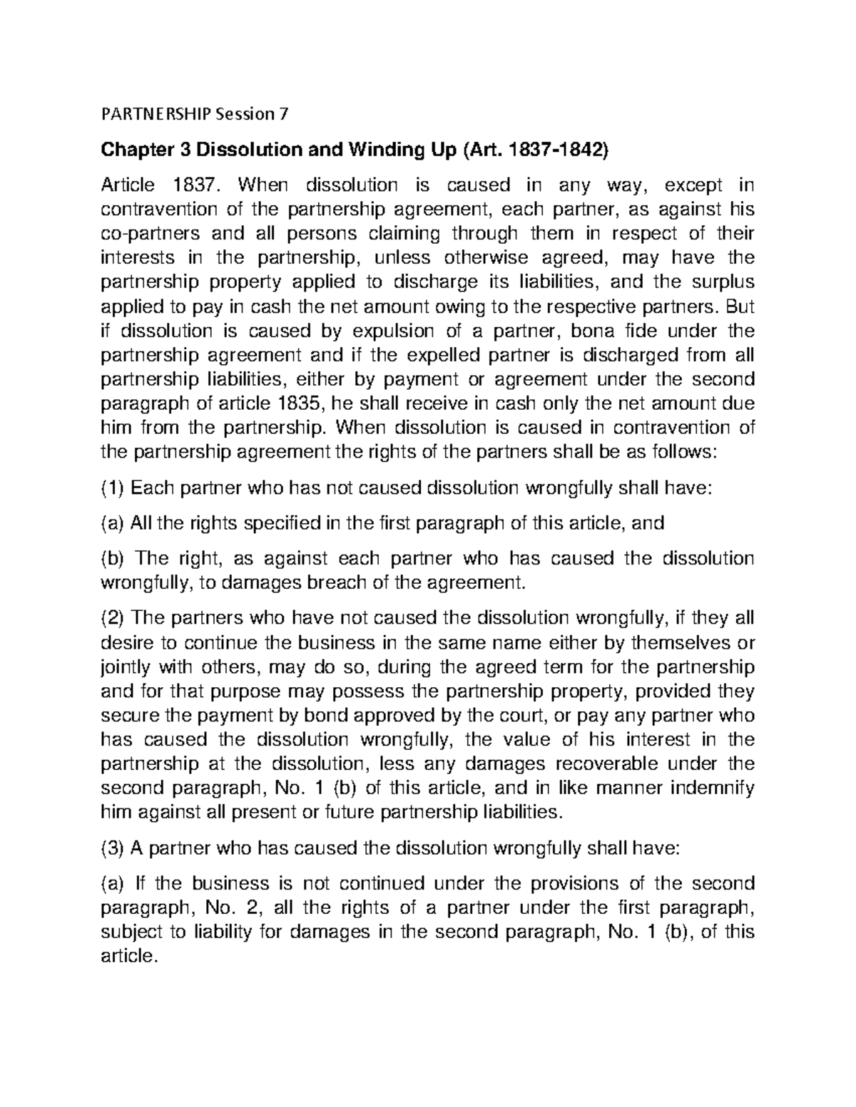 Chapter 3 Dissolution and Winding Up (Art. 1837-1842) - PARTNERSHIP Session 7 Chapter 3 ...