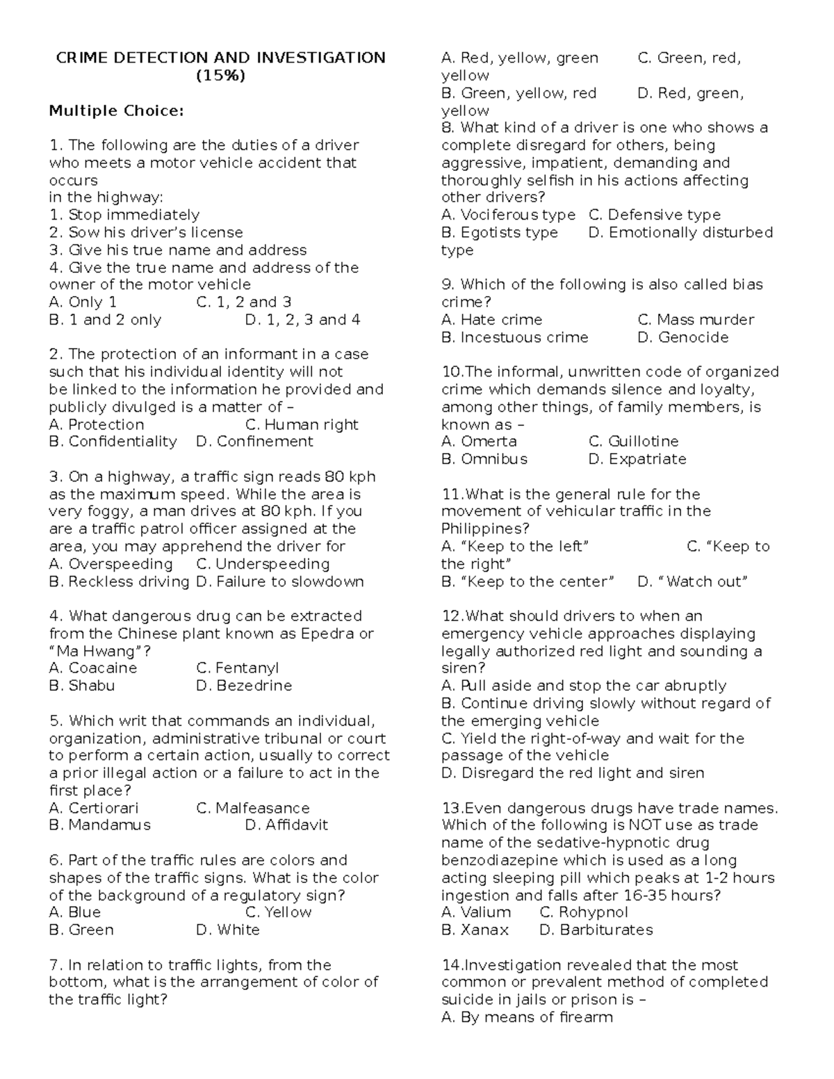 CDI-Set-B - Exam - CRIME DETECTION AND INVESTIGATION (15%) Multiple ...