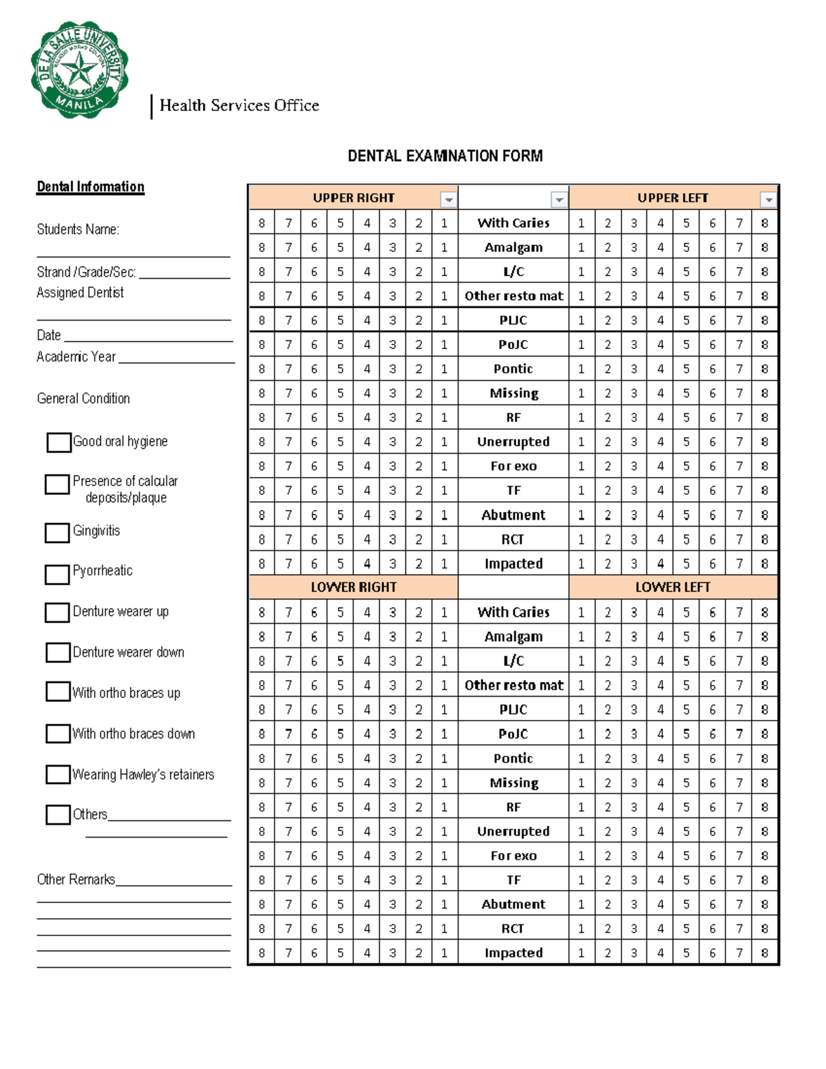 SHS Dental Examination Form - SHS DEF - Health Services Office Dental ...