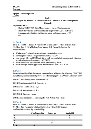 Lab1 - thanks - Lab #1: Assessment Worksheet Part A – List of Risks, Threats, and ...