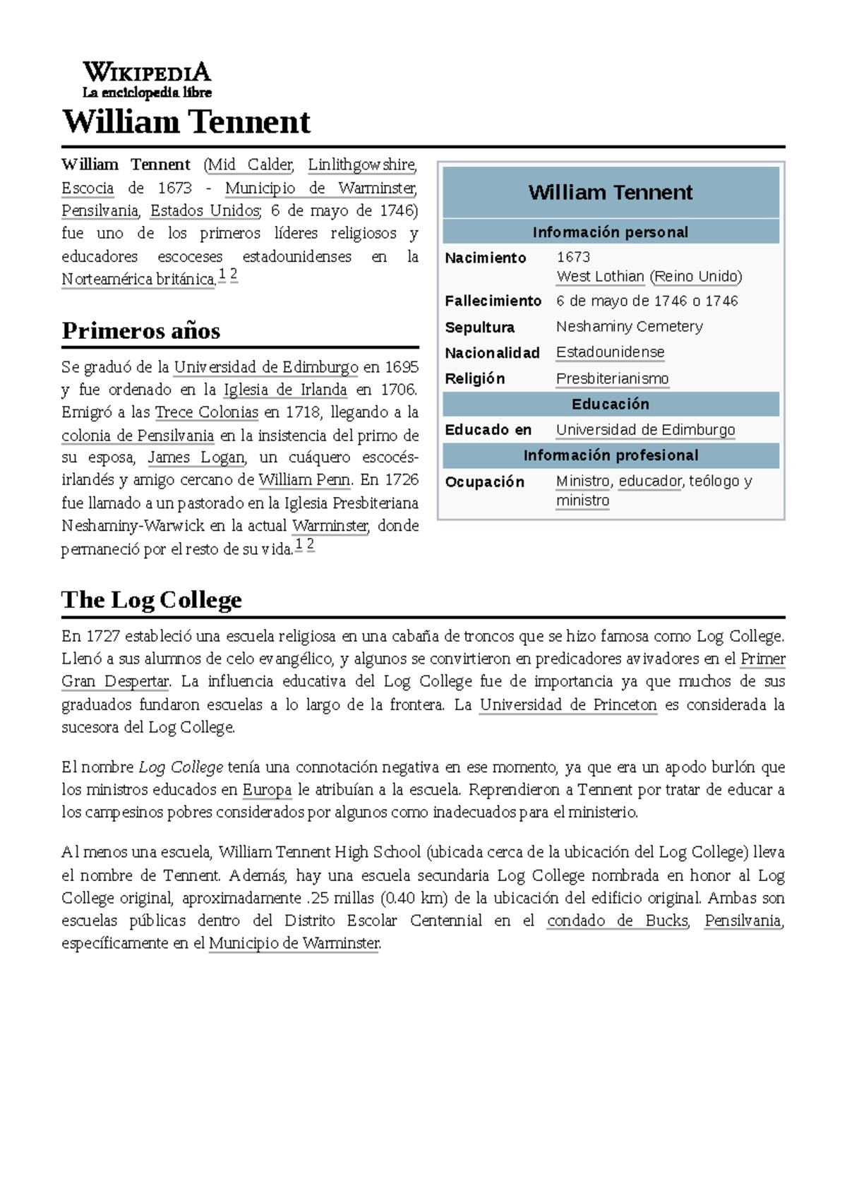 William Tennent - sffe - William Tennent Información personal ...