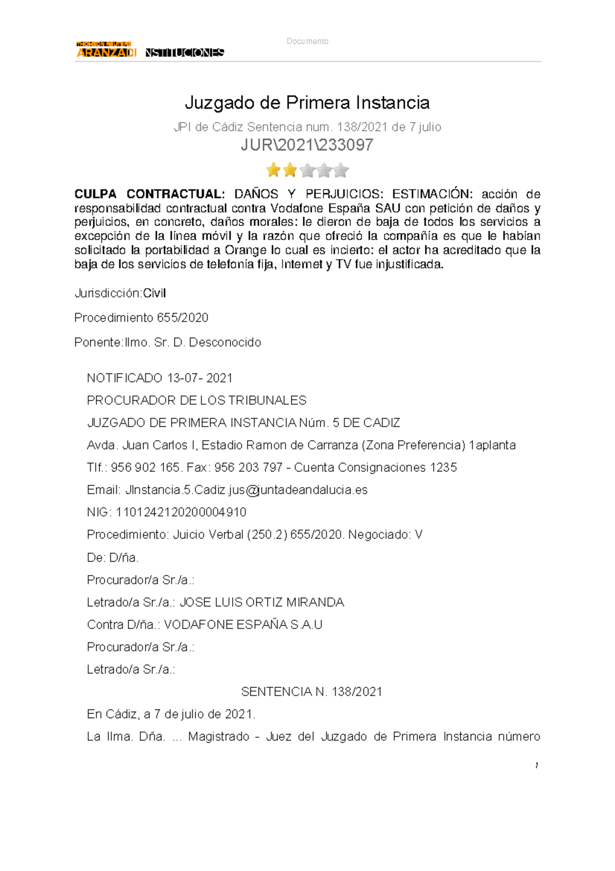 Jur JPI de Cadiz Sentencia num. 138-2021 de 7 julio JUR 2021 233097 ...