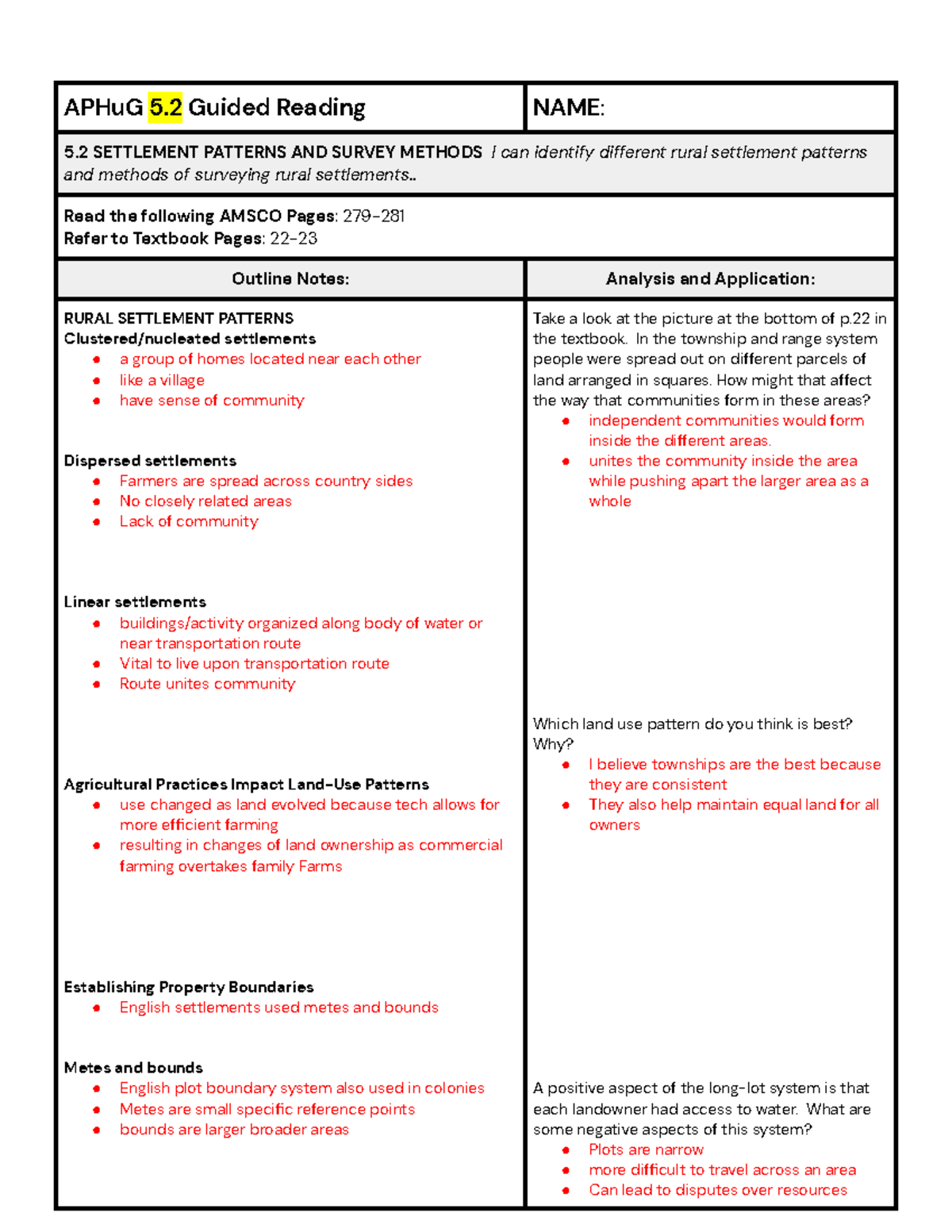Copy of 5.2 APHG Guided Reading - APHuG 5 Guided Reading NAME: 5 SETTLEMENT PATTERNS AND SURVEY ...
