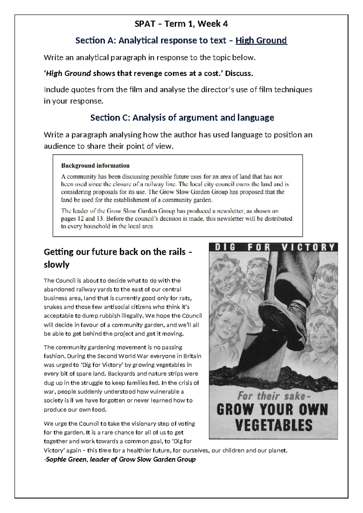 Practice exam - SPAT – Term 1, Week 4 Section A: Analytical response to ...