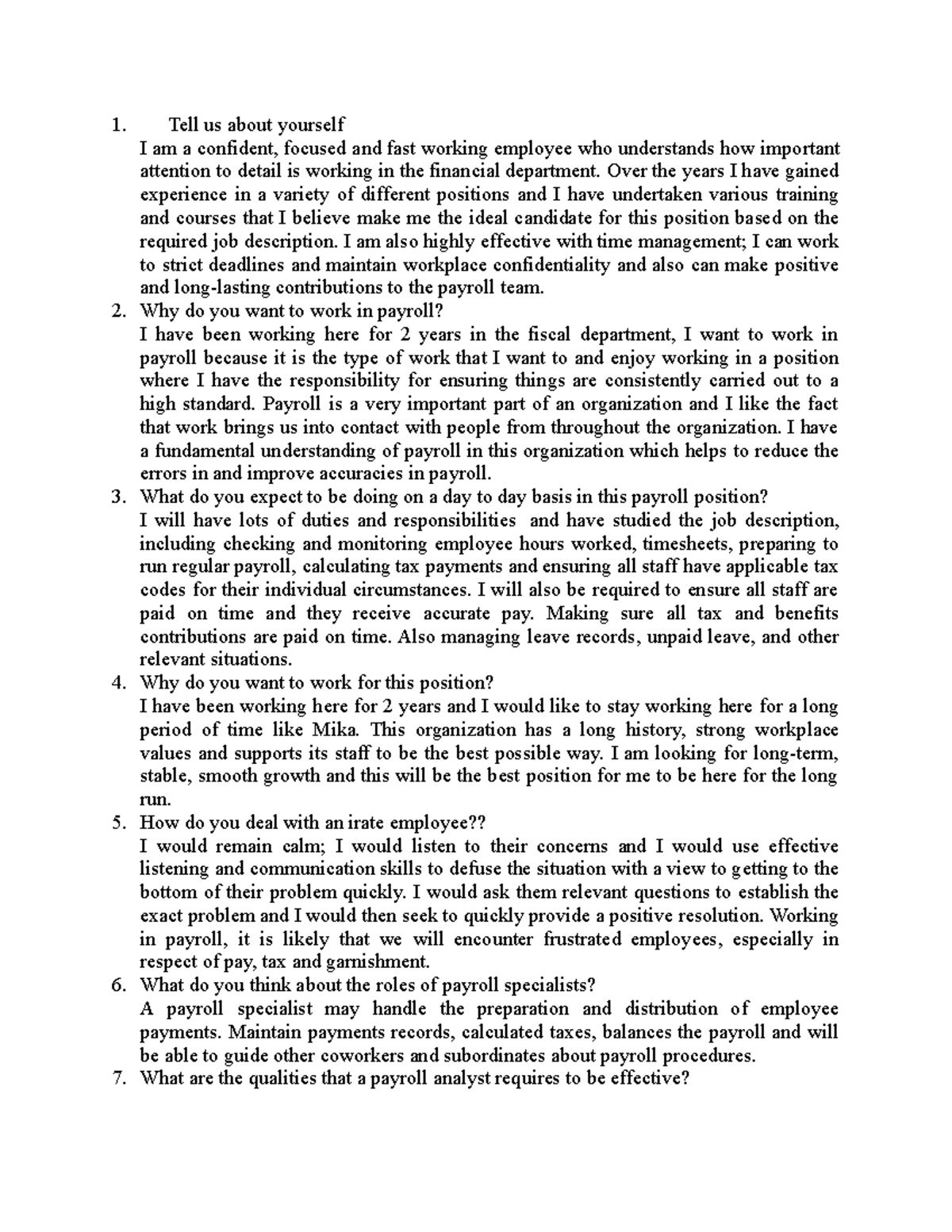 Interview Sample Questions - BUS-161 - DVC - Studocu