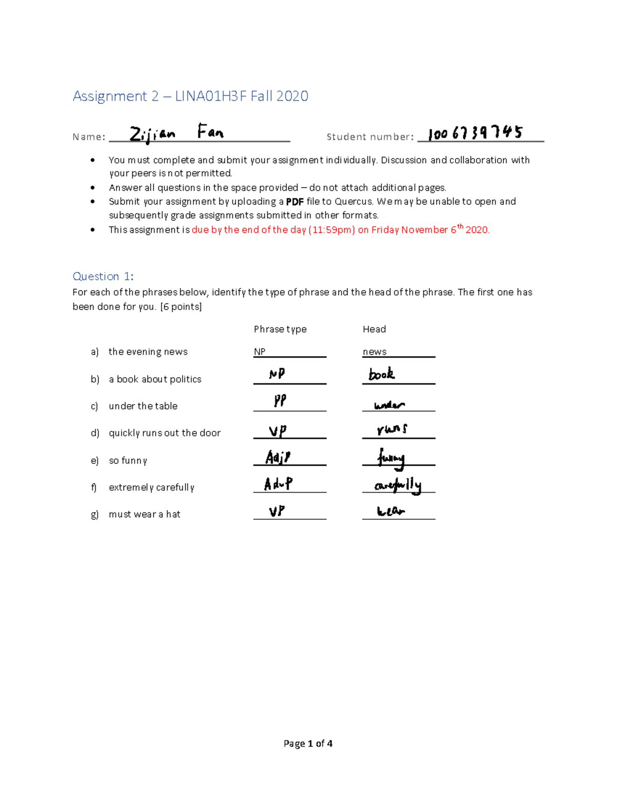 LINA01 Fall2020 Assignment 2 1 practice - AƐƐignmenƚ Ϯ ʹ LINAϬϭHϯF Fall ...