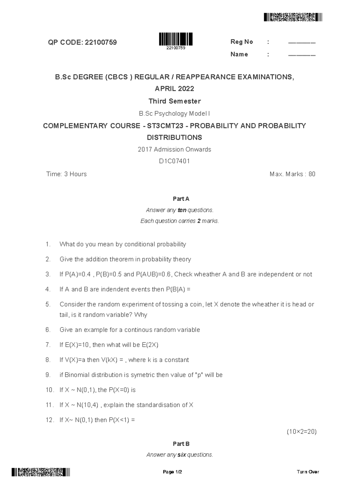 Bsc 3 sem psychology probability and probability distributions 22100759 apr 2022 - QP CODE ...