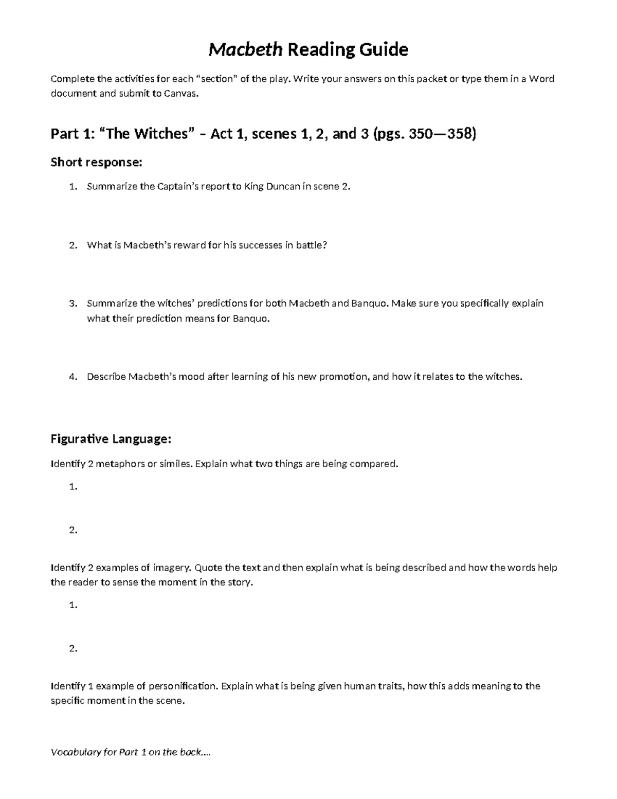 Macbeth Reading Guide - Macbeth Reading Guide Complete the activities ...