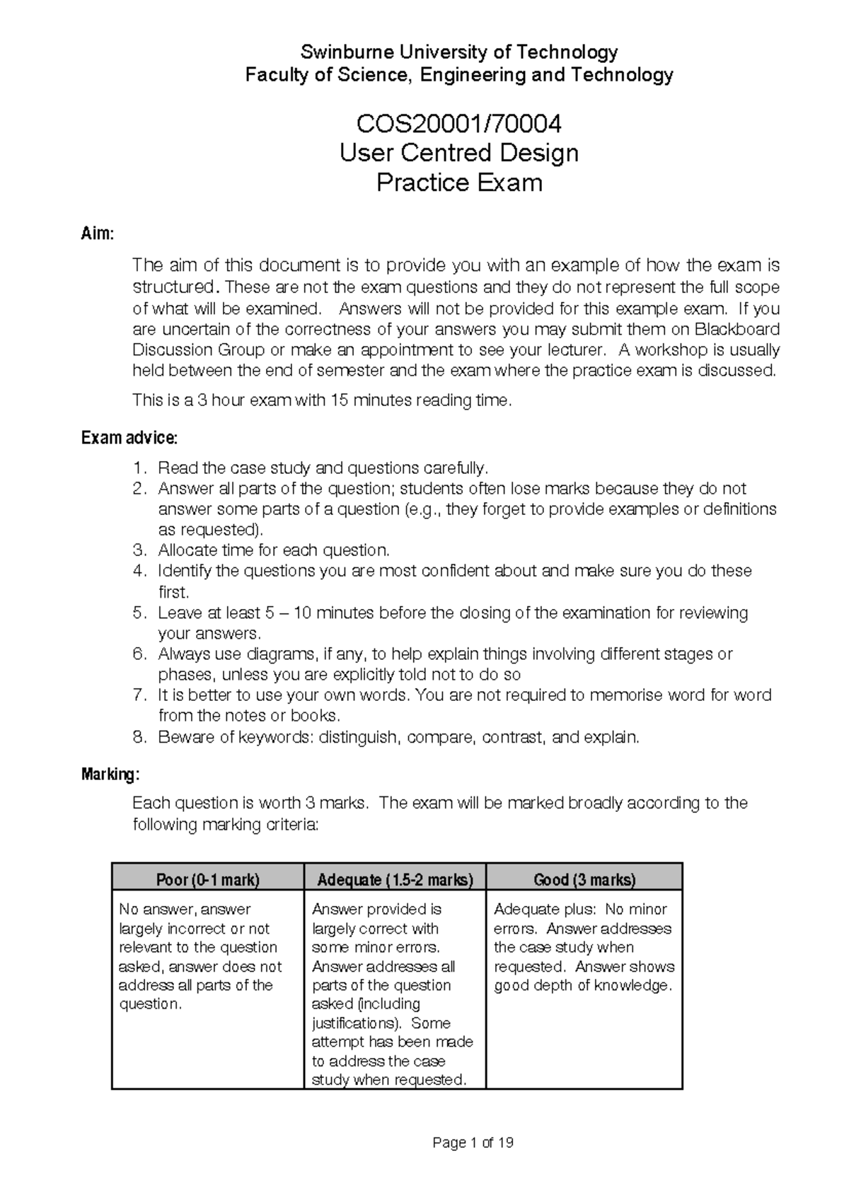 Practice Exam, questions - Swinburne University of Technology Faculty ...