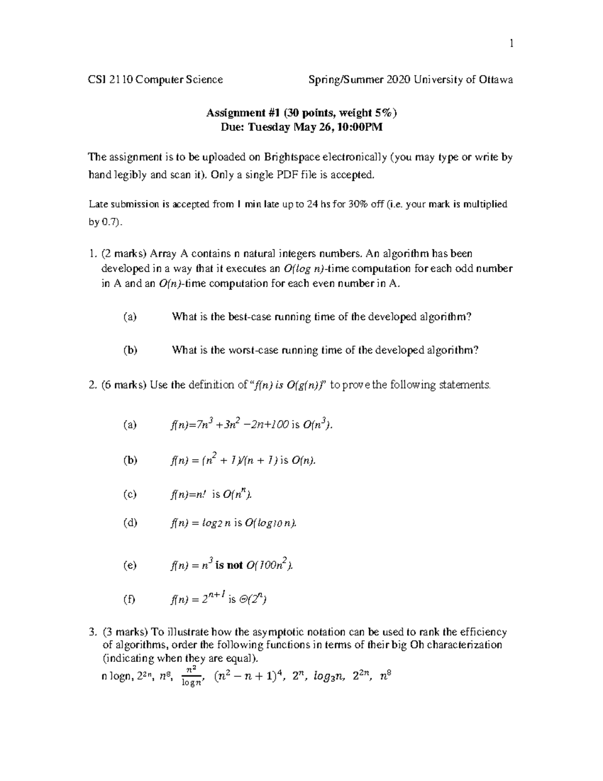 A1 S2020 - Warning: TT: undefined function: 3 1 CSI 2110 Computer Science Spring/Summer 2020 ...