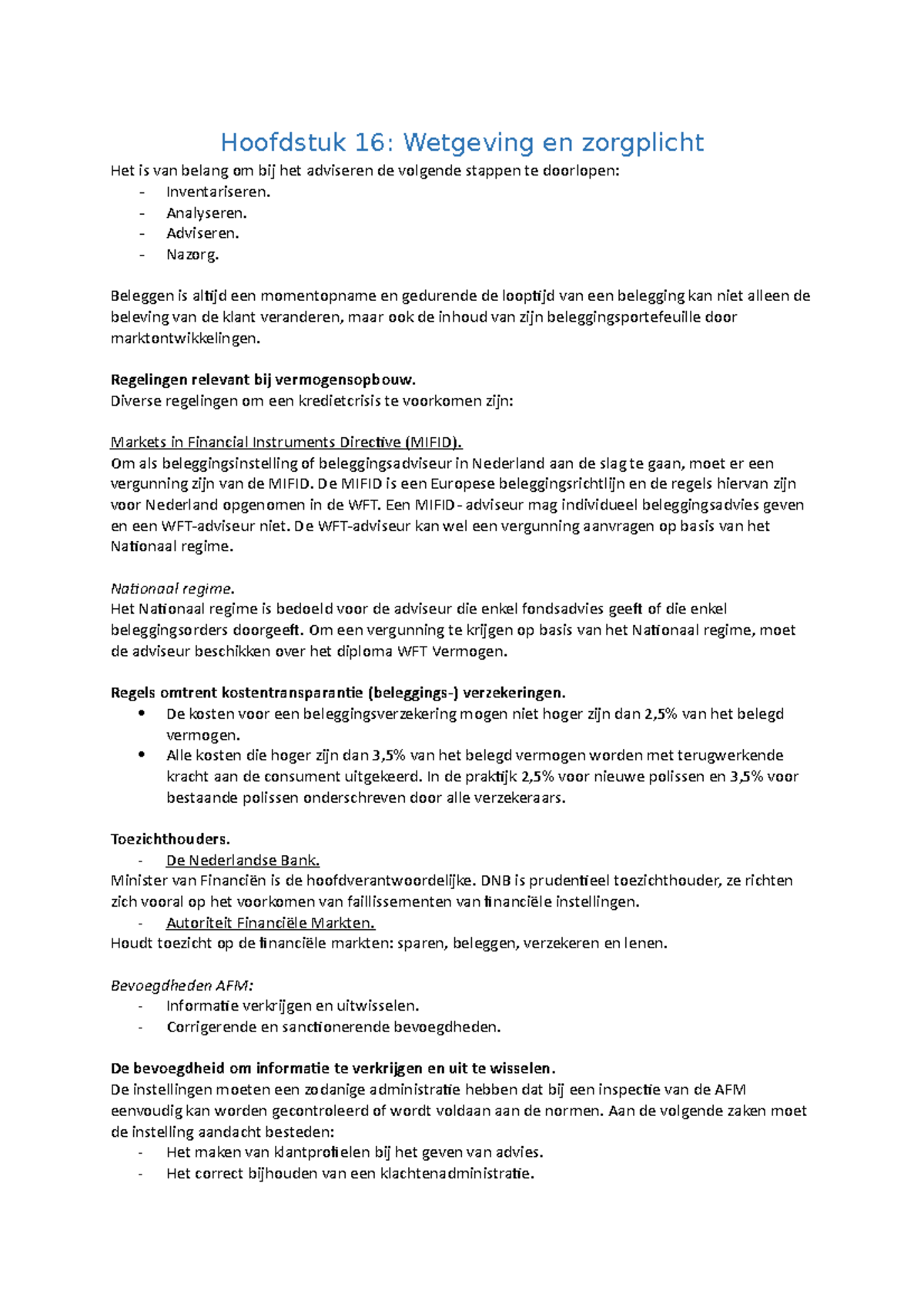 Samenvatting WFT Vermogen - Hoofdstuk 16: Wetgeving en zorgplicht Het ...