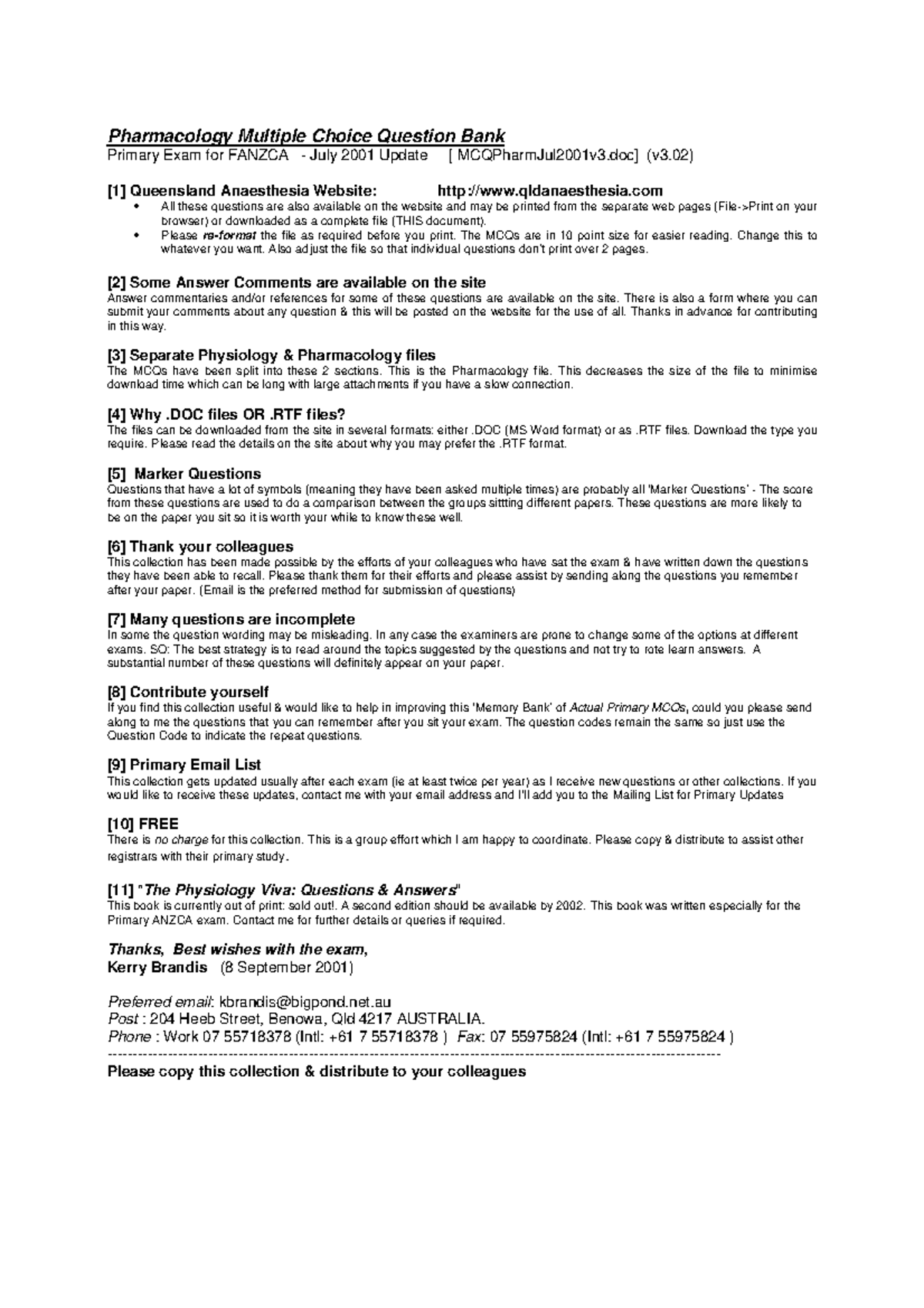 MCQ - Pharmacology - July 2001 v3 ( Answers) - Pharmacology Multiple ...