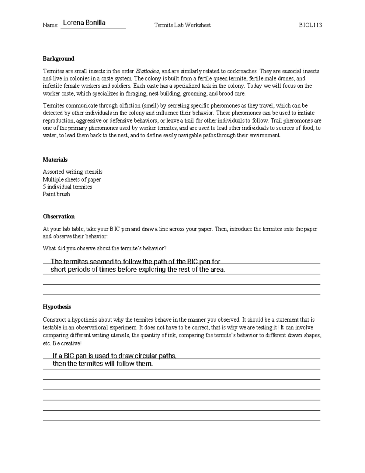 Termite Behavior Assignment - Name: ______________________ Termite Lab ...